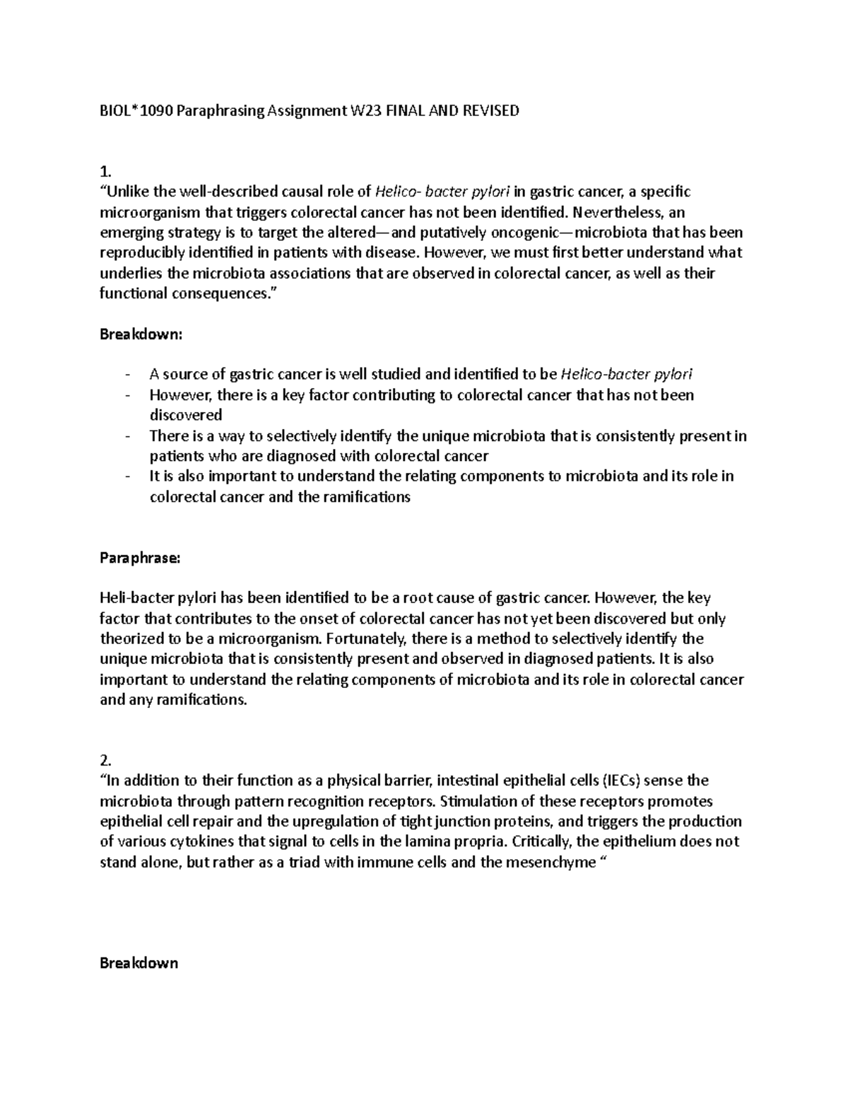 paraphrasing assignment final draft - BIOL*1090 Paraphrasing Assignment W23 FINAL AND REVISED 1 ...