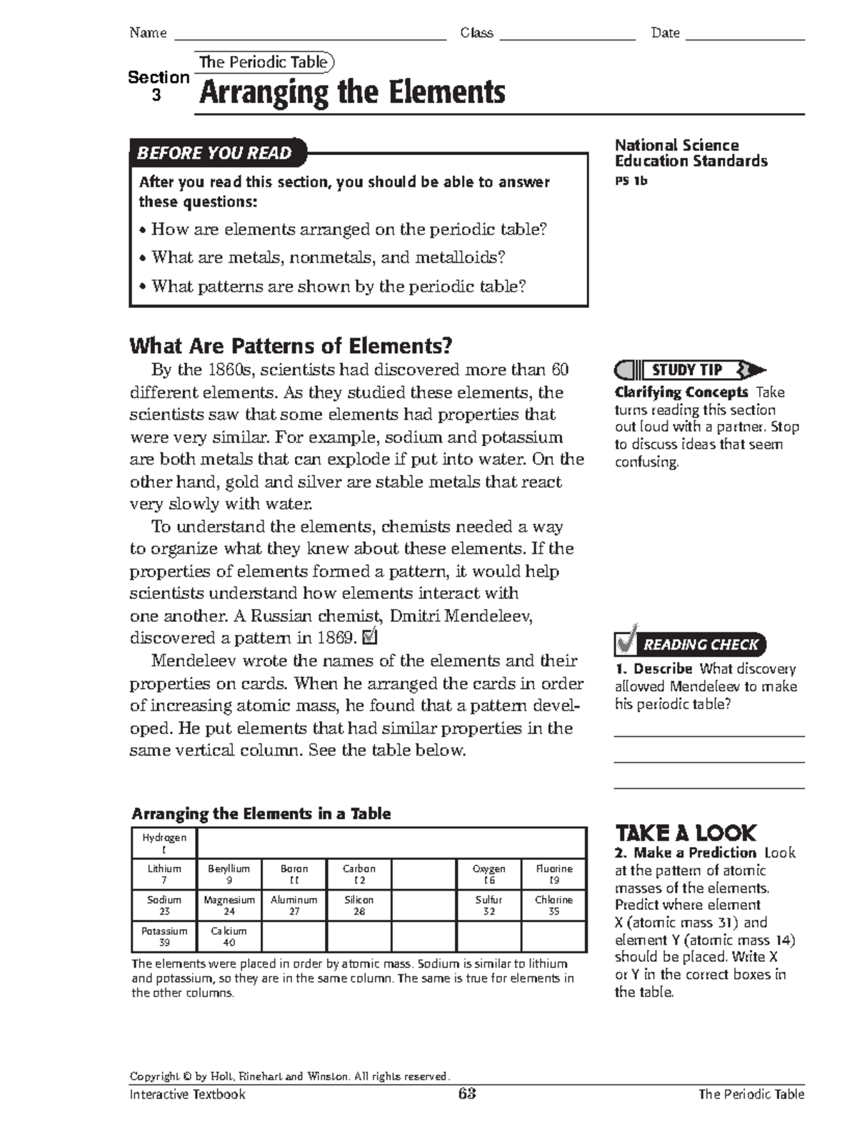 Periodic Table S1 Student - Copyright © by Holt, Rinehart and Winston ...