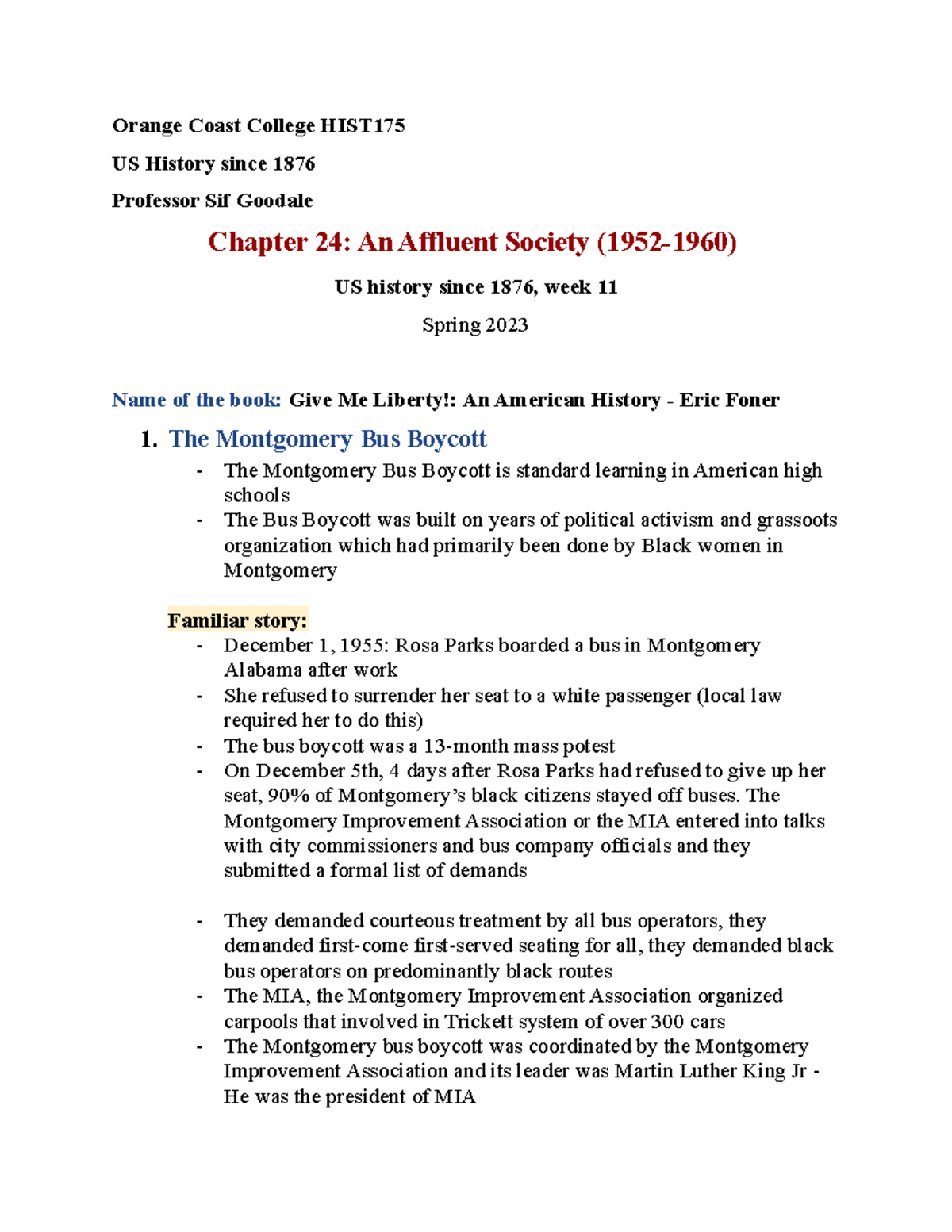Week 11 Note Chapter 24 An Affluent Society (1952-1960) - Orange Coast ...