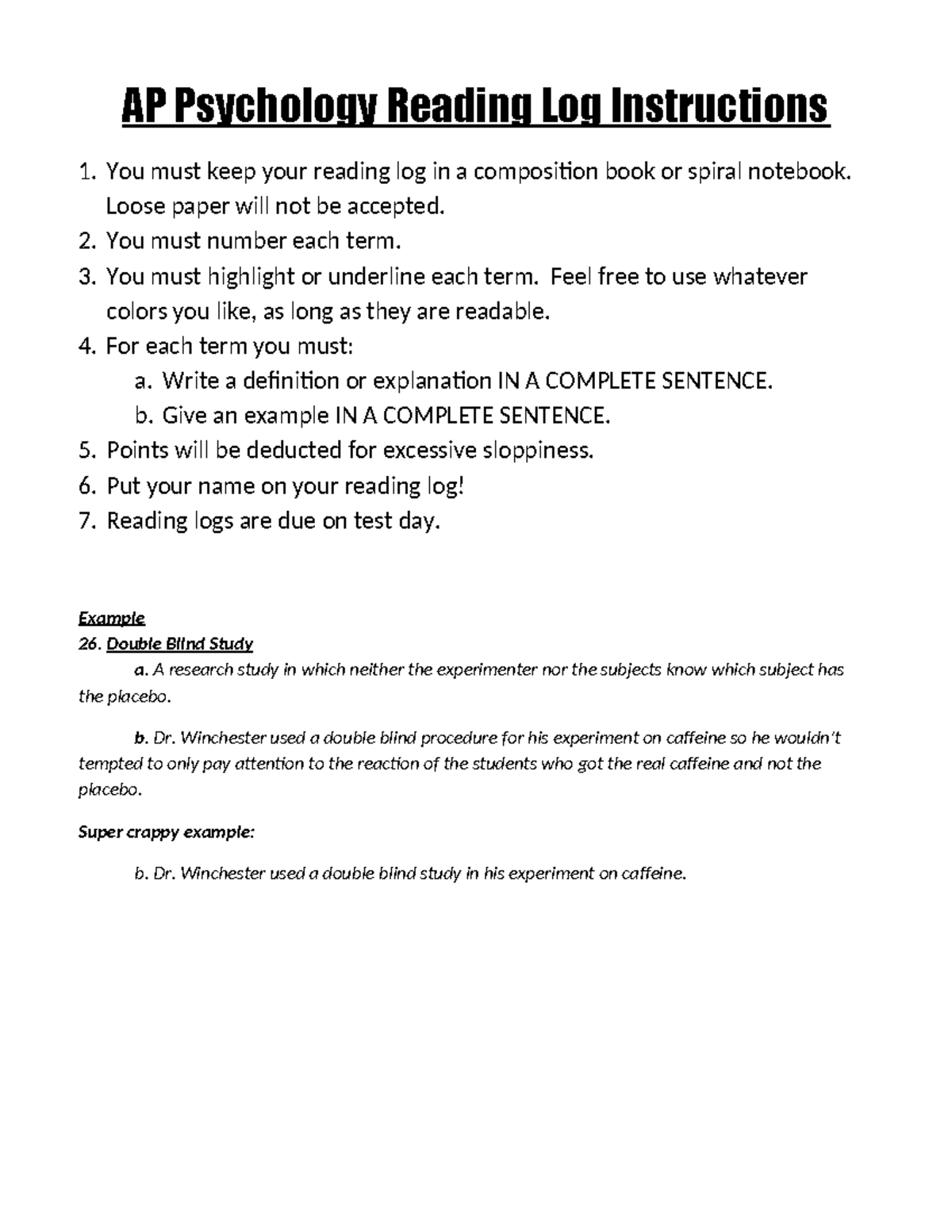 AP Psychology Reading Log Key Terms and Instructions - AP Psychology ...