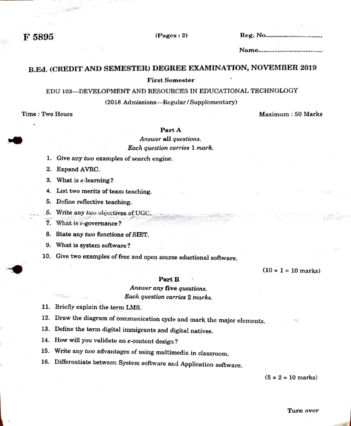 Technology qp - Past questions paper - F 5895 (Pages: 2) Reg. No ...