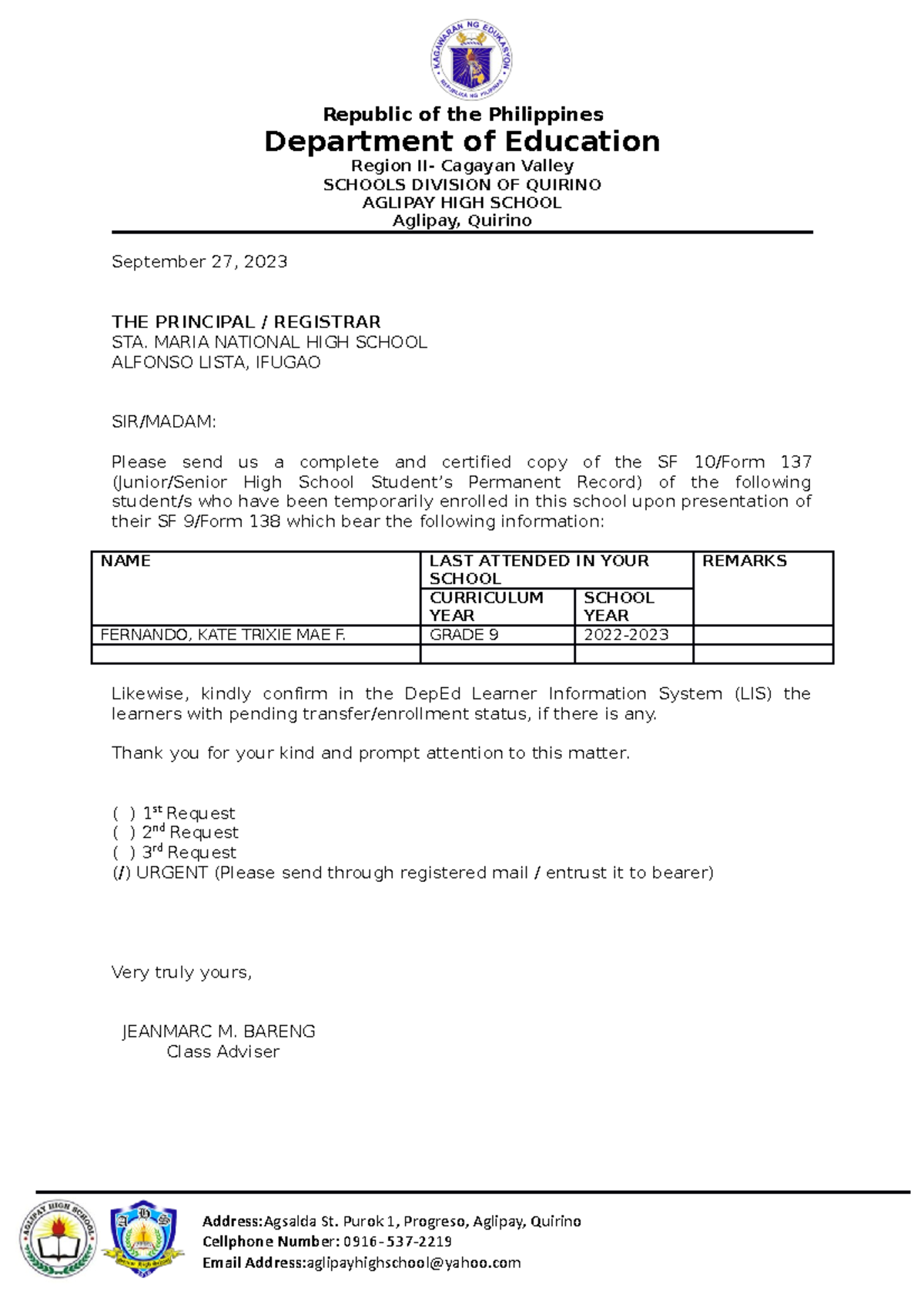 SF10 Request - Needed DepEd Files - Republic of the Philippines ...