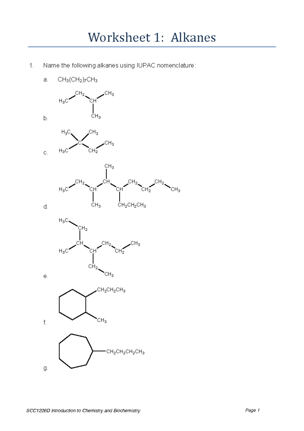 SCC1226 Worksheet 1 alkanes - SCC1226 Introduction to Organic Chemistry ...