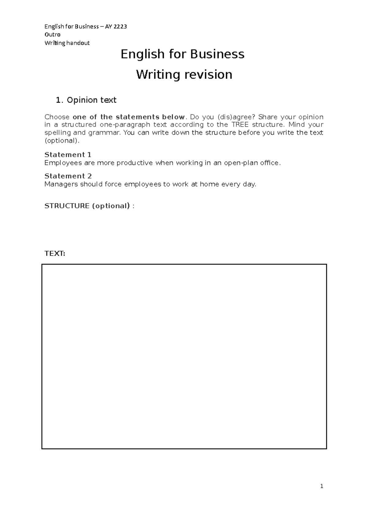 Outro - writing handout used in class - English for Business – AY 2223 ...