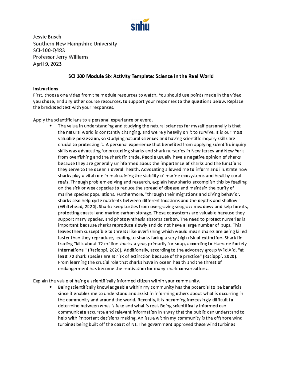 SCI 100 6-1 Science in the Real World - Jessie Busch Southern New ...