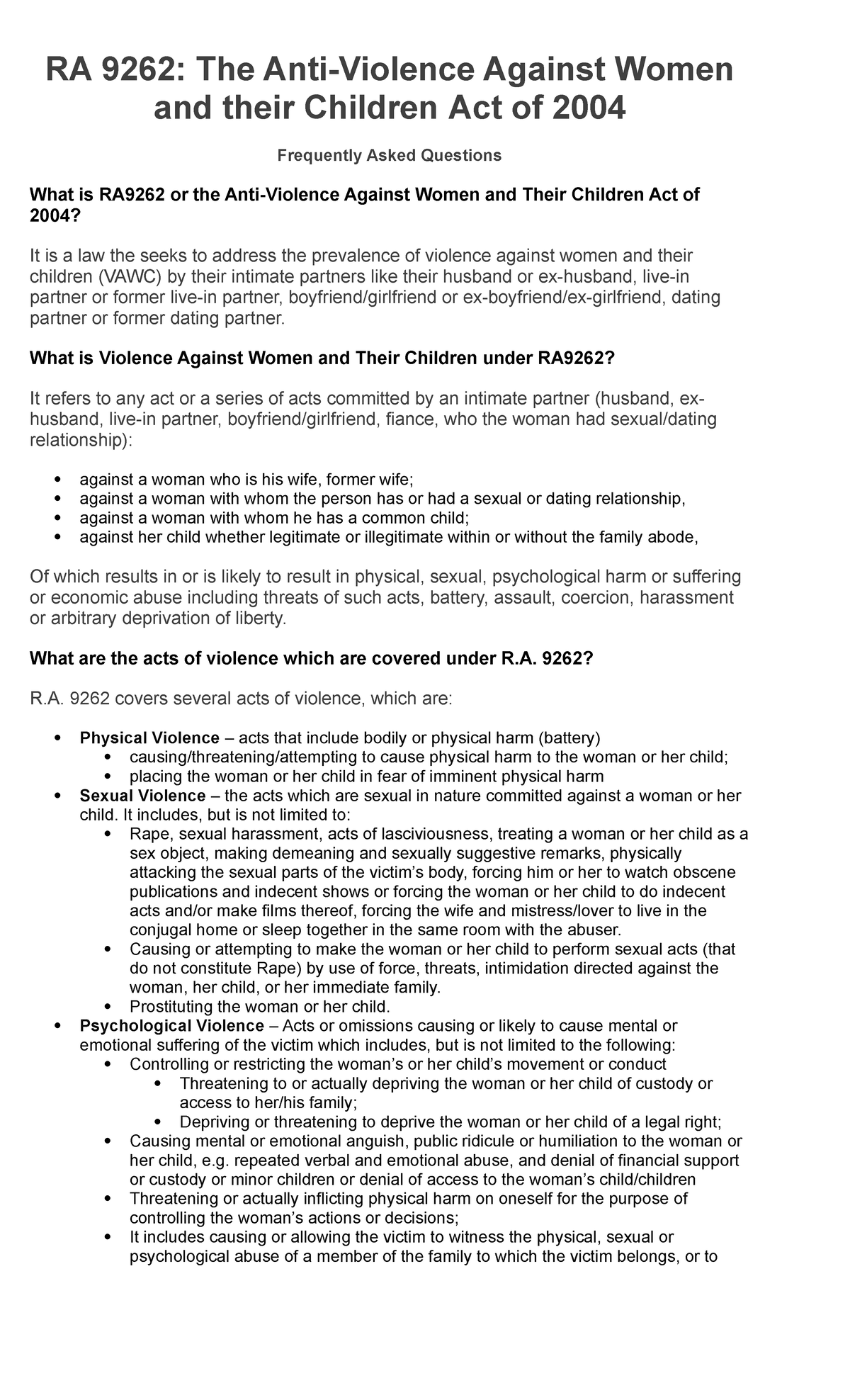 RA 9262 - anti violence against women and their children - RA 9262: The ...