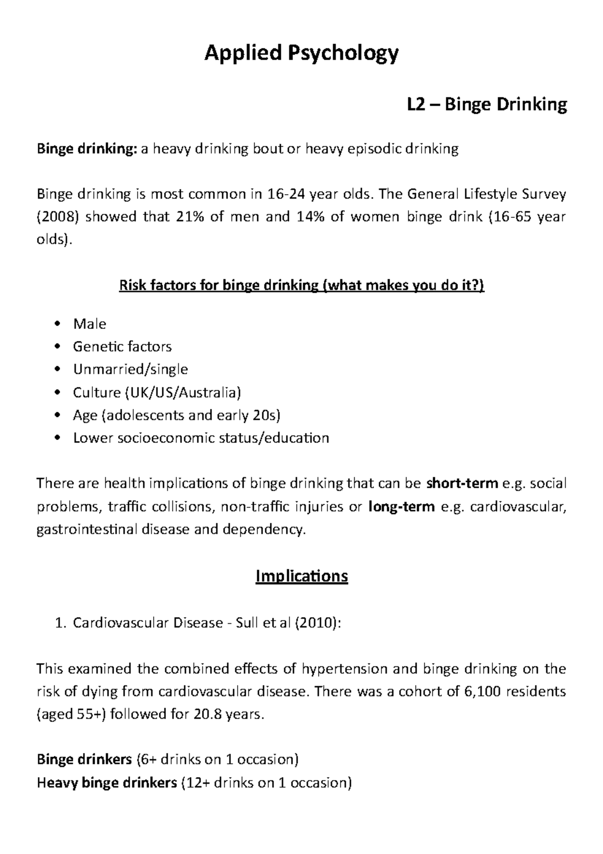 N2 - Binge Drinking - Lecture notes 2 - Applied Psychology L2 – Binge ...