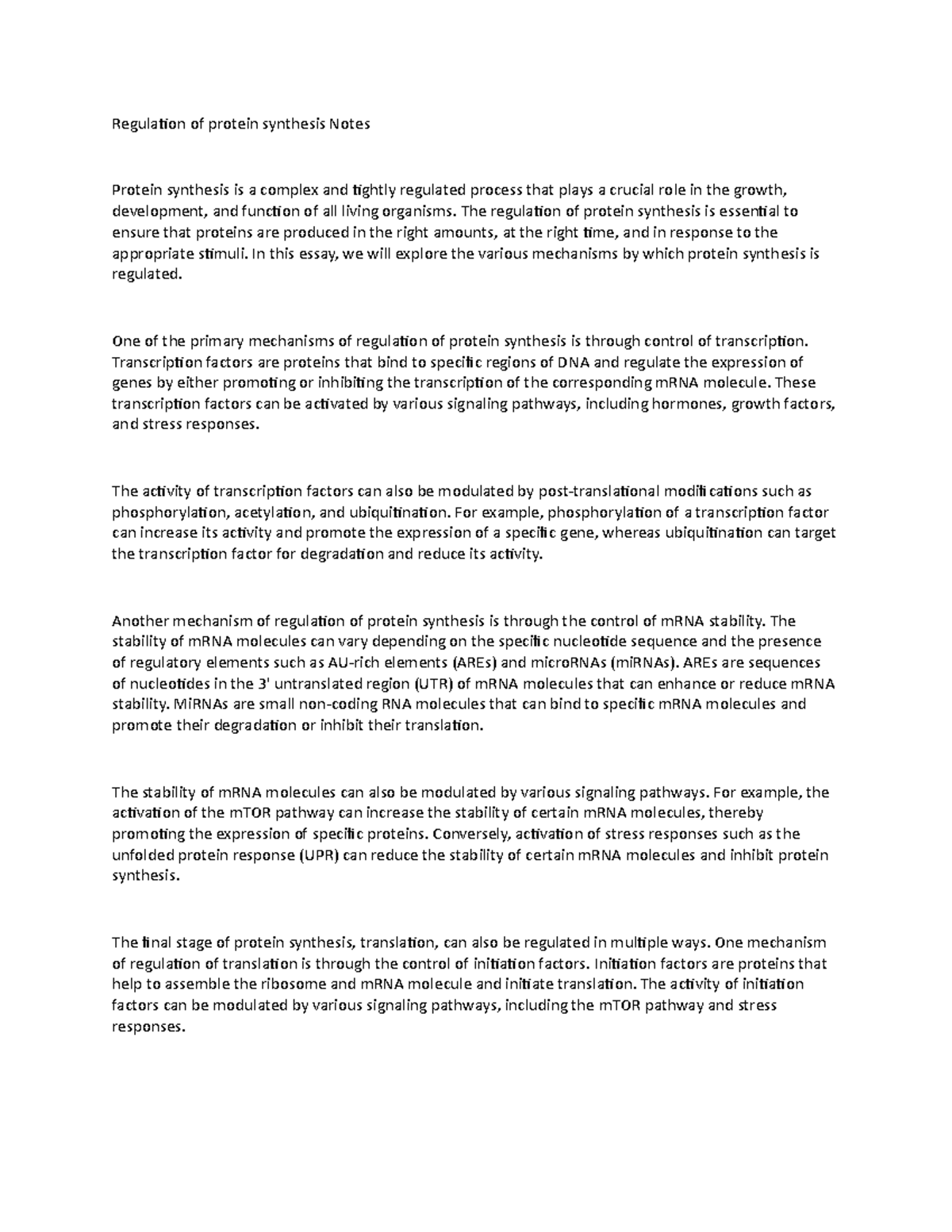 Regulation of protein synthesis Notes - The regulation of protein ...