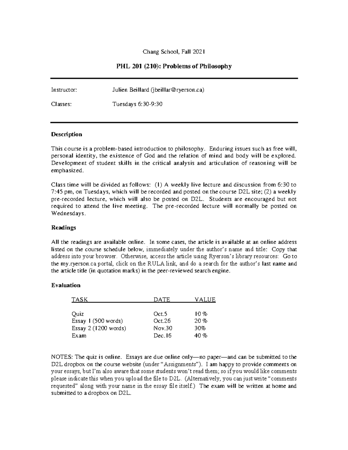 CPHL 201 Course Outline - Chang School, Fall 2021 PHL 201 (210 ...
