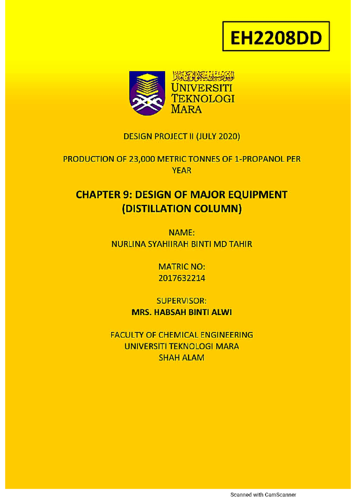 CHE644 Design Project 2 Distillation Col - Chemical Engineering - Studocu