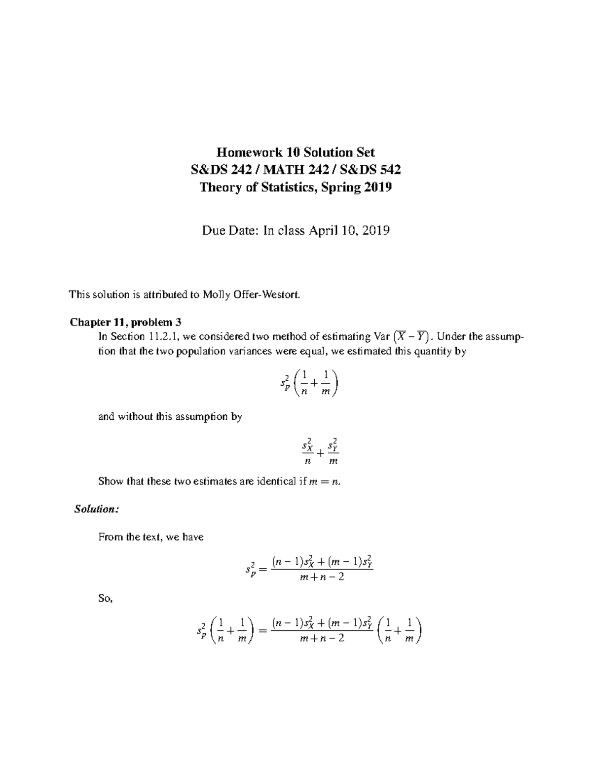 Sds242 hw10 sols2019 - hw 10 with solutions - Homework 10 Solution Set ...