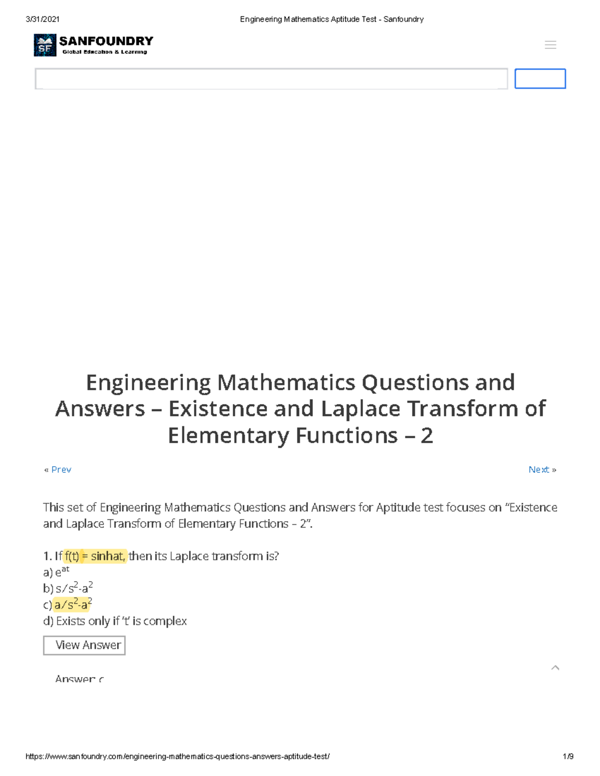 Engineering Mathematics Aptitude Test - Sanfoundry - « Prev Next ...