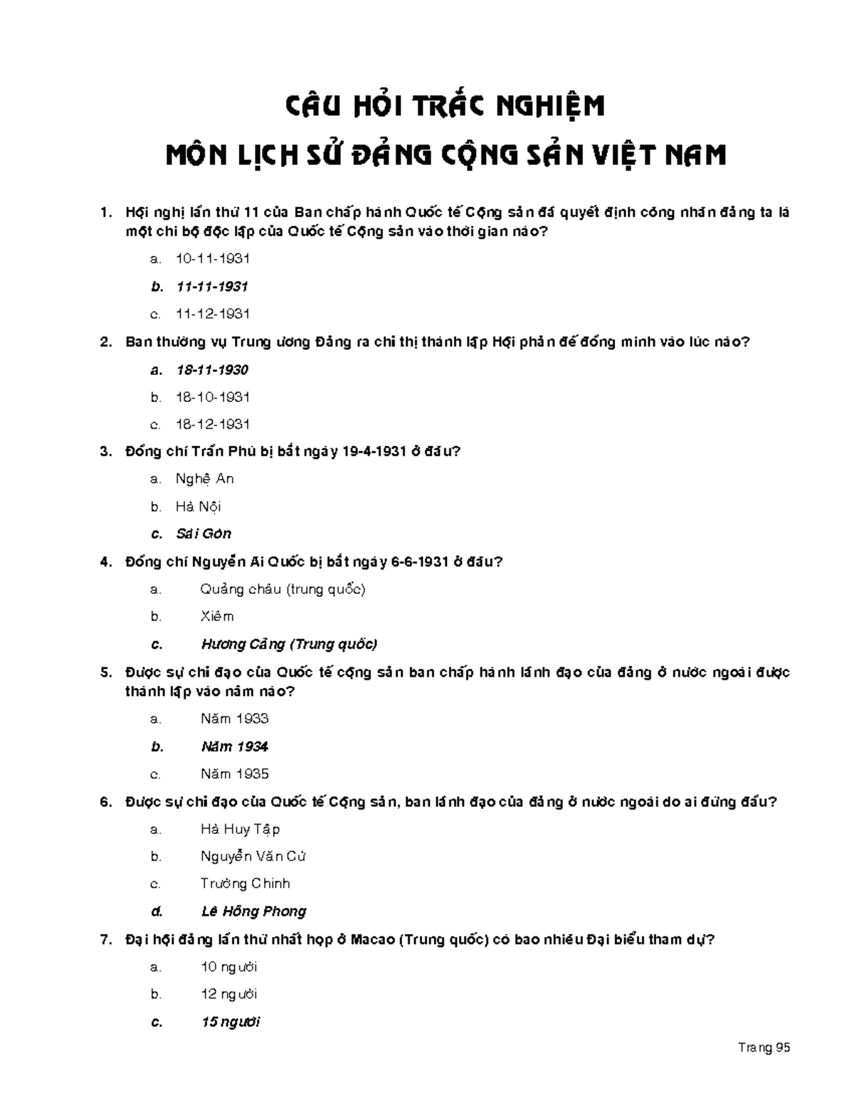 Trac nghiem lich su dang cong san viet nam co dap an - CAÂU HOÛI TRAÉC NGHIEÄM MOÂN LÒCH SÖÛ ...