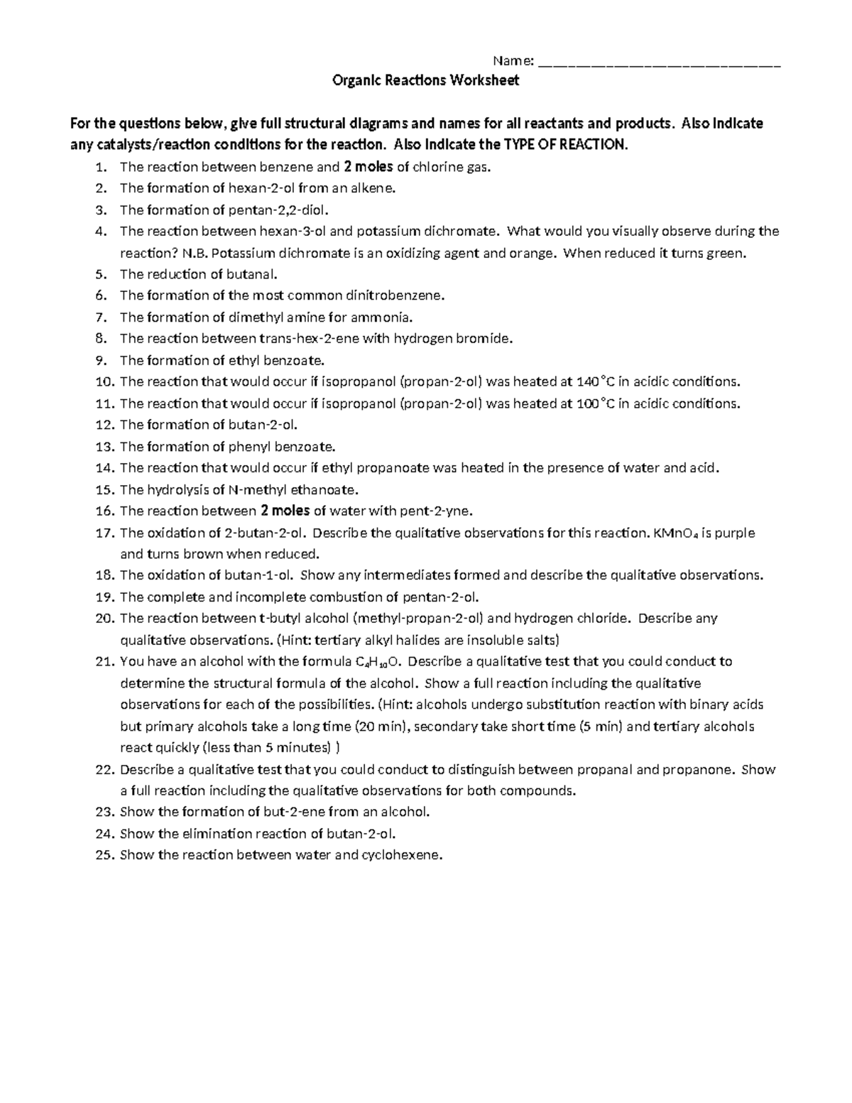 Organic reactions worksheet - Name ...