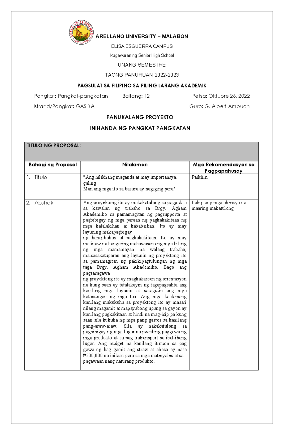 Pagsasanaypagsusulit Rekomendasyon Panukalang Proyekto Pangkat ...