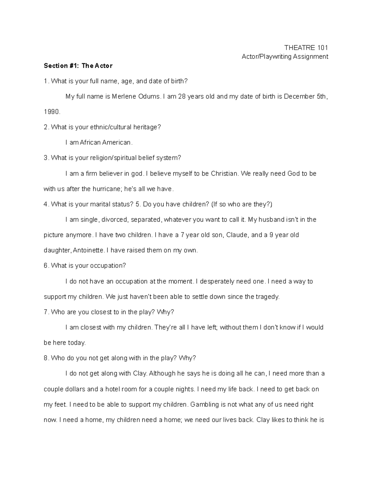 Playwriting Assignment - THEATRE 101 Actor/Playwriting Assignment ...