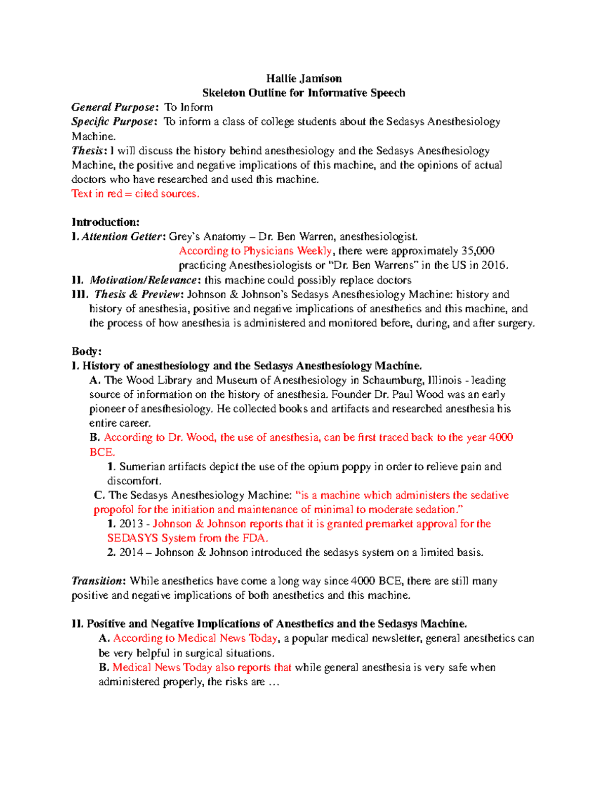 Speech Two Outline - Hallie Jamison Skeleton Outline for Informative ...