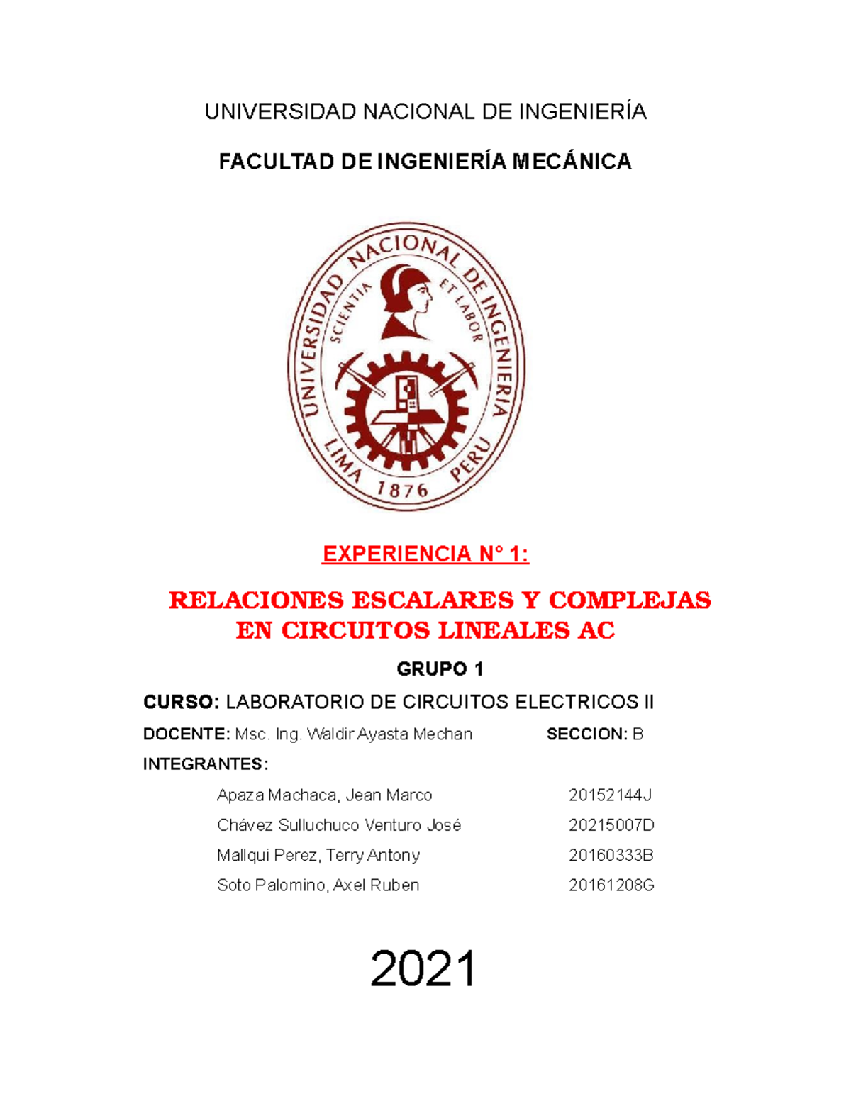 Experiencia 1 informe ml125 UNI FIM circuitos electricos 2 - Laboratorio de Circuitos Eléctricos ...