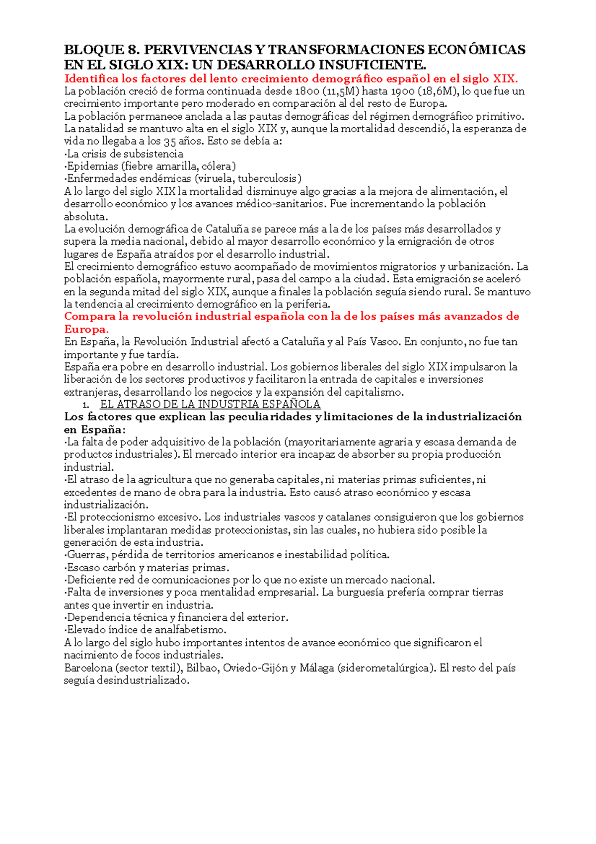 Bloque 8 - Resúmenes evau CyL - BLOQUE 8. PERVIVENCIAS Y TRANSFORMACIONES ECONÓMICAS EN EL SIGLO ...