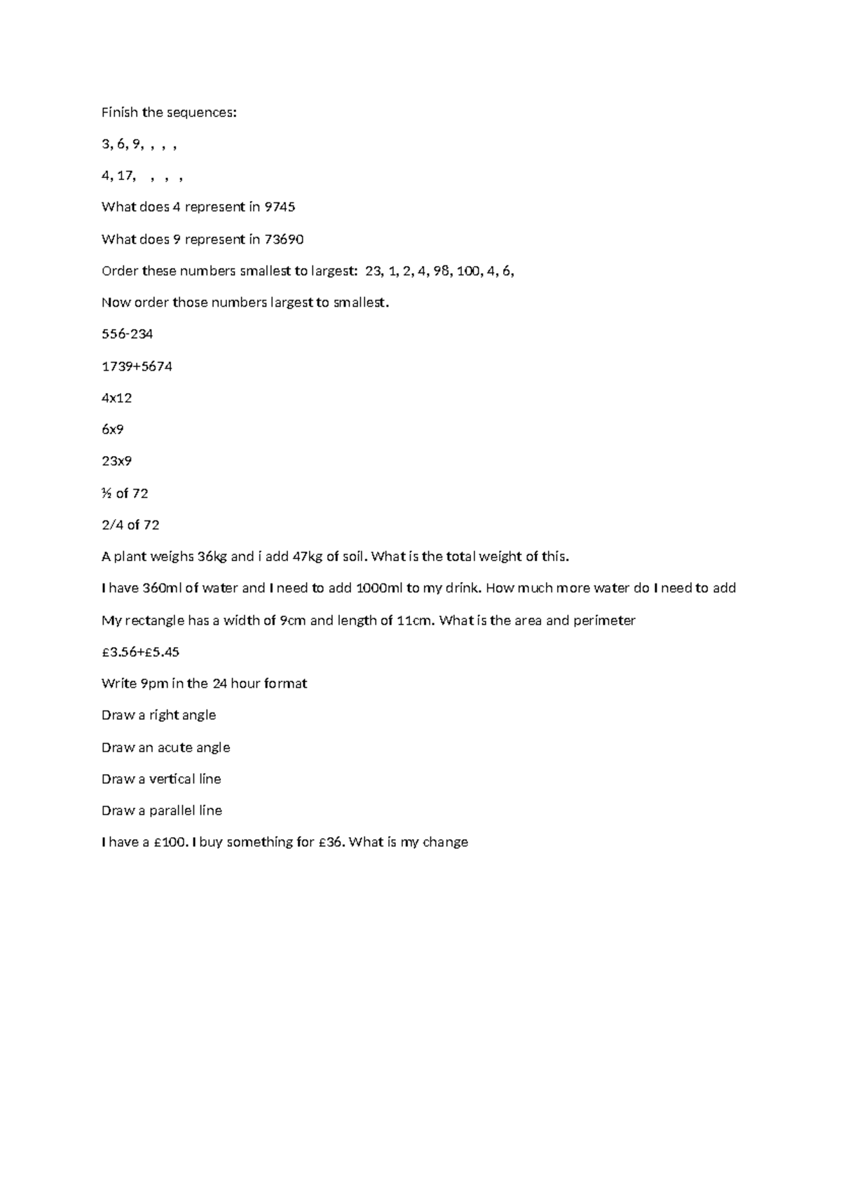 Y3 extra maths questions - Finish the sequences: 3, 6, 9, , , , 4, 17 ...