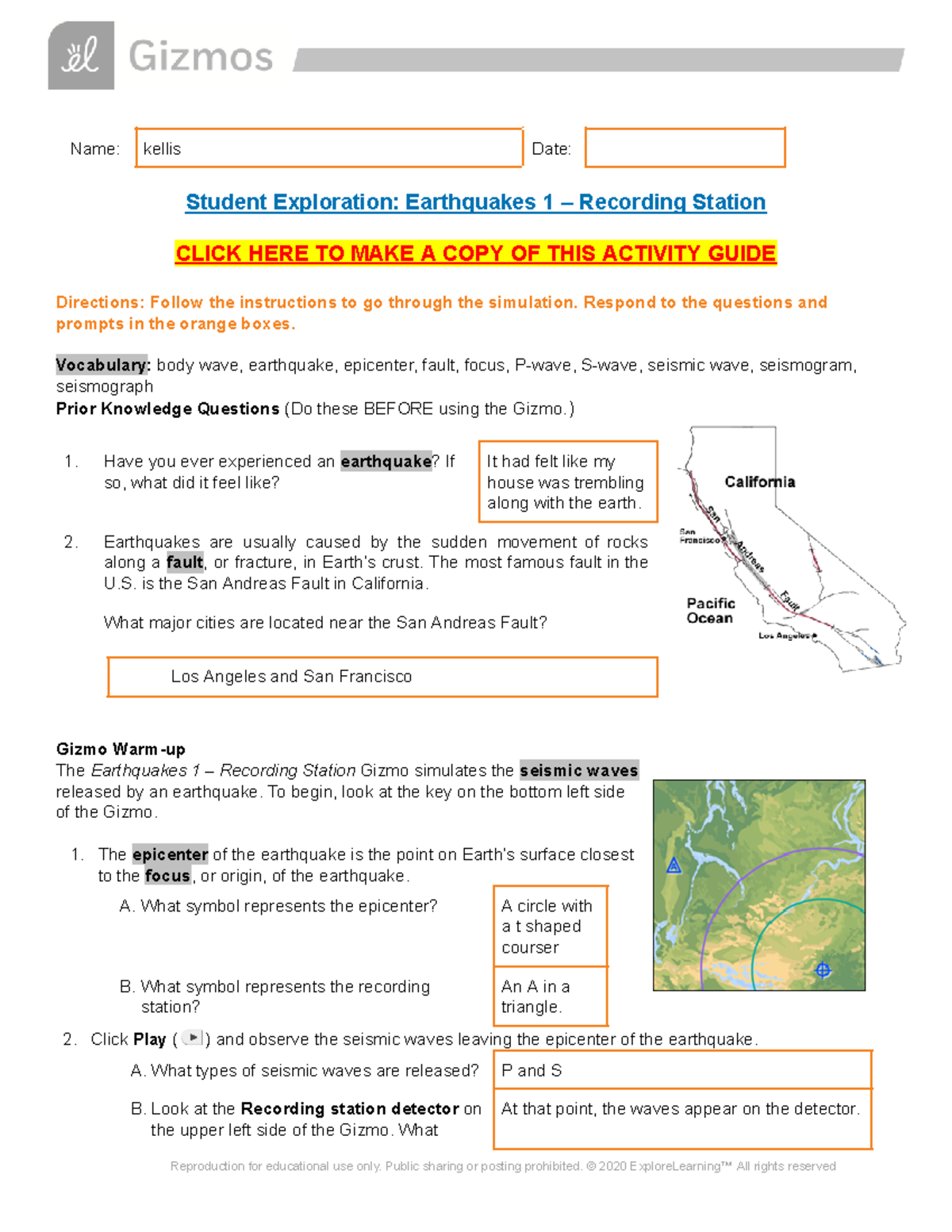 Earthquakes 1Recording SE - Name: kellis Date: Student Exploration ...