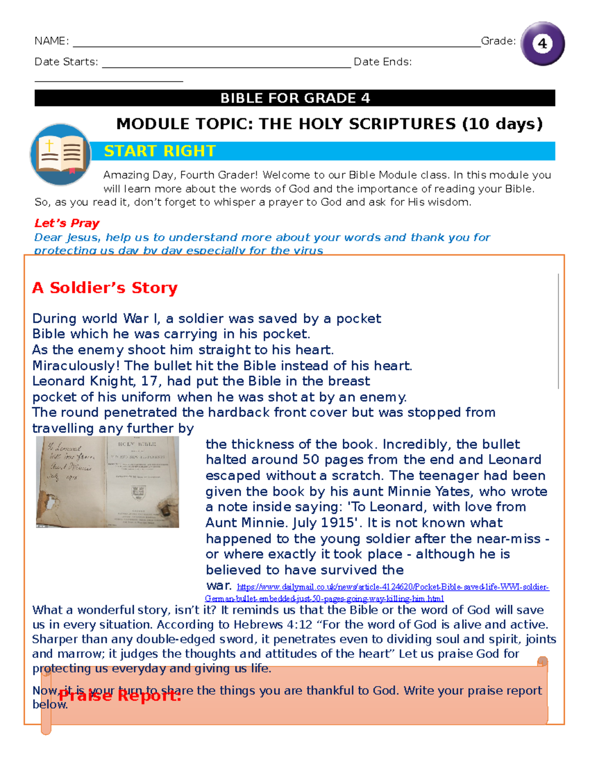 Bible for Grade 4. M1 - module - NAME: - Studocu