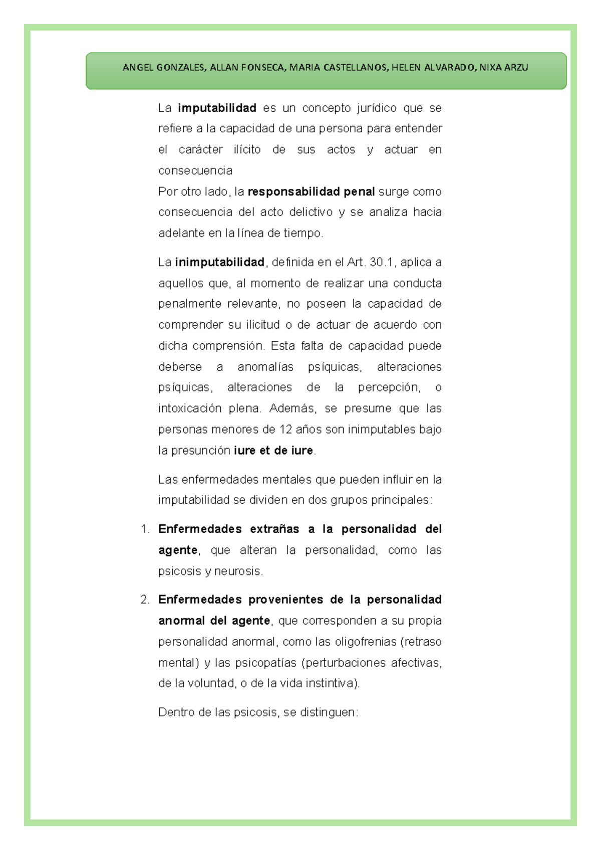 Inimputabilidad - resumen entre diferencias y clasificación de la misma ...