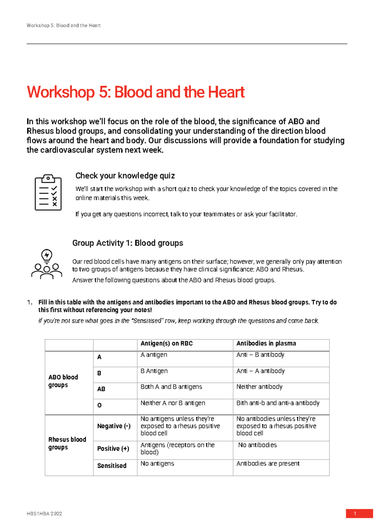 Workshop 05 HBS1HBA 2022 Student notes - Workshop 5: Blood and the ...