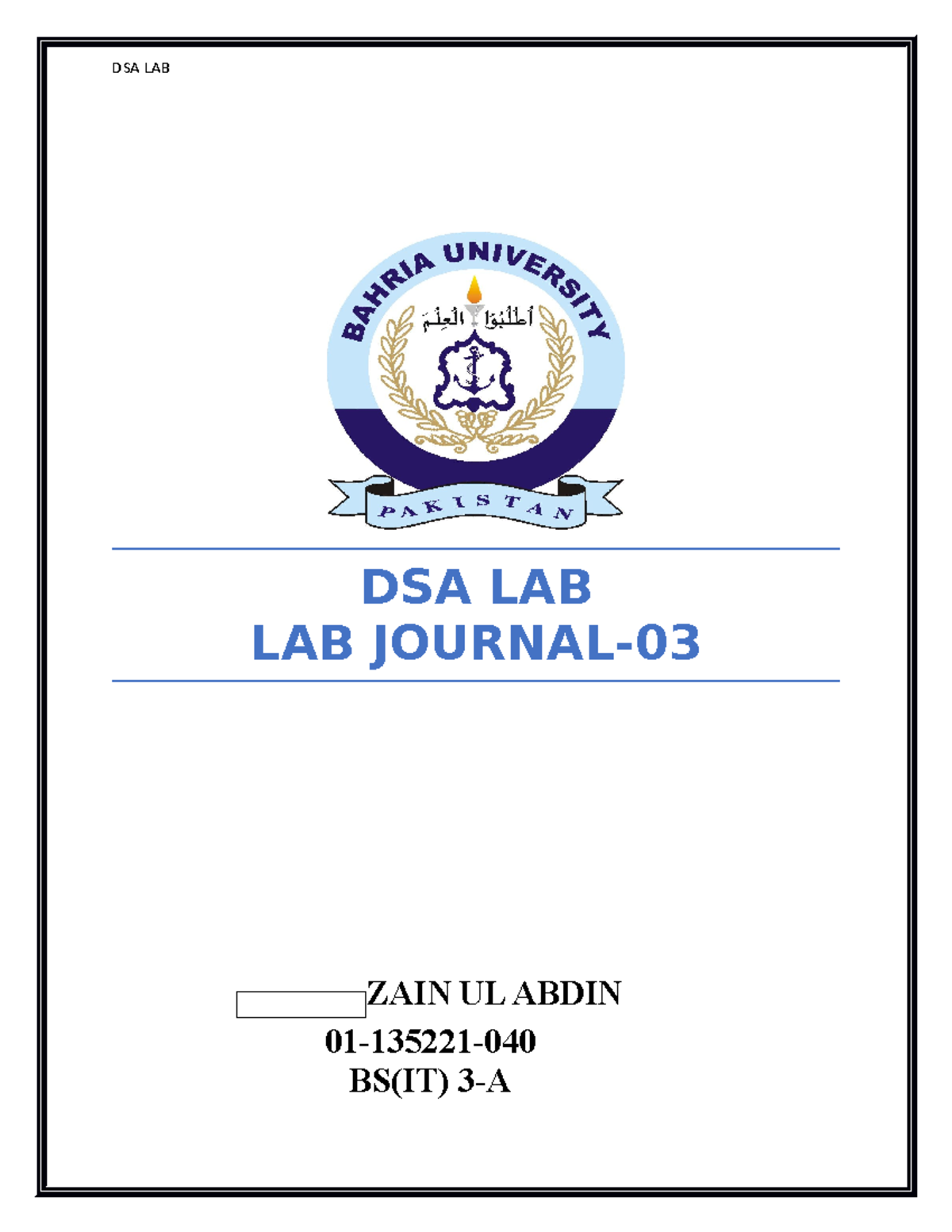 01 135221 040 10547796165 25032023 104111 pm - DSA LAB DSA LAB LAB JOURNAL- ZAIN UL ABDIN 01 ...