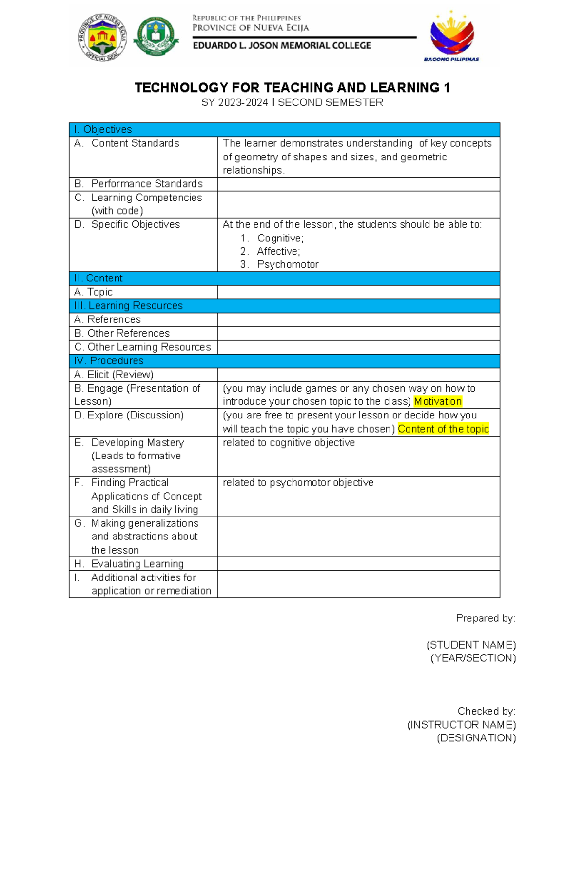 Lesson-Plan-Template - TECHNOLOGY FOR TEACHING AND LEARNING 1 SY 2023 ...