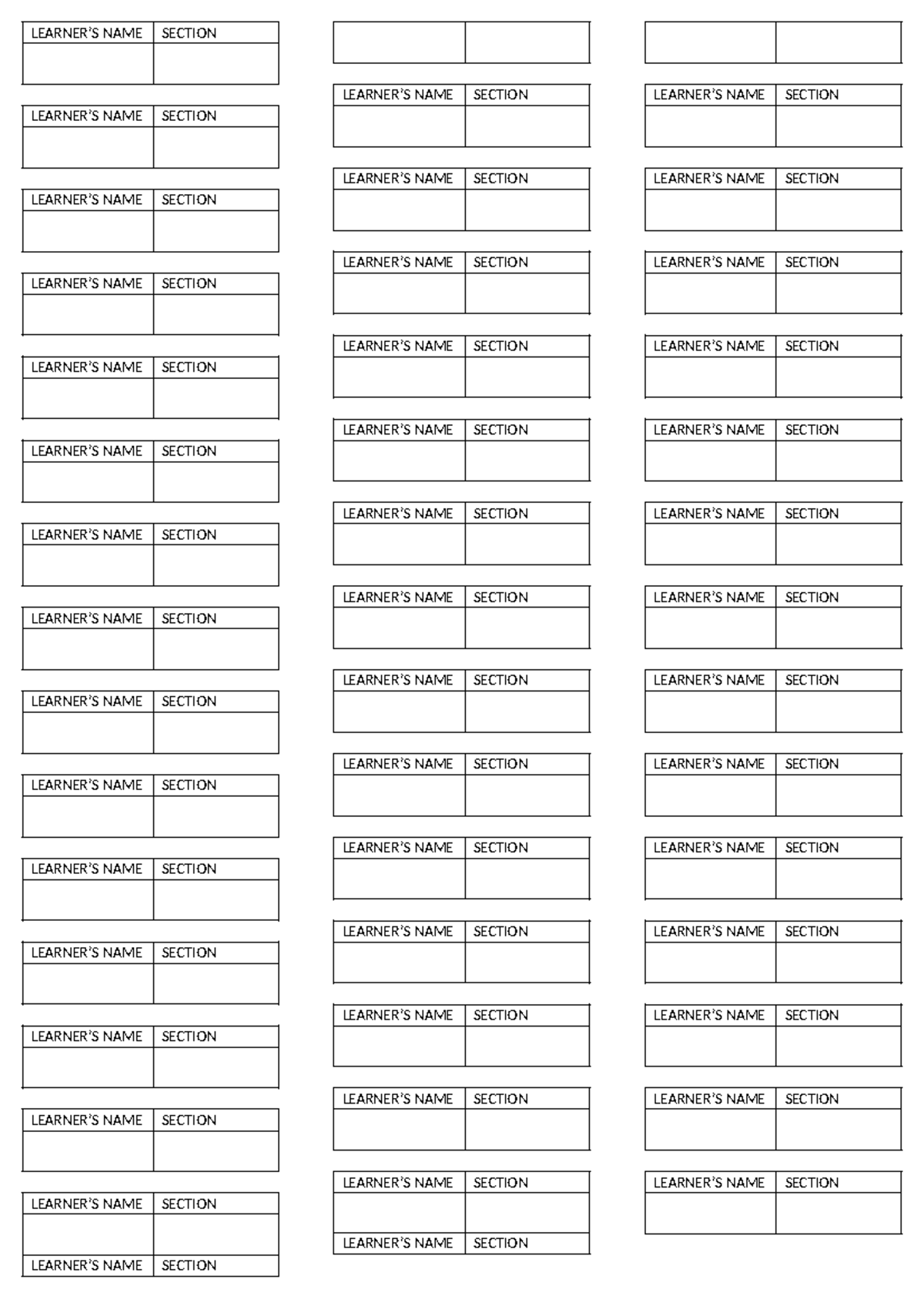Sectioning - List of names - LEARNER’S NAME SECTION LEARNER’S NAME ...