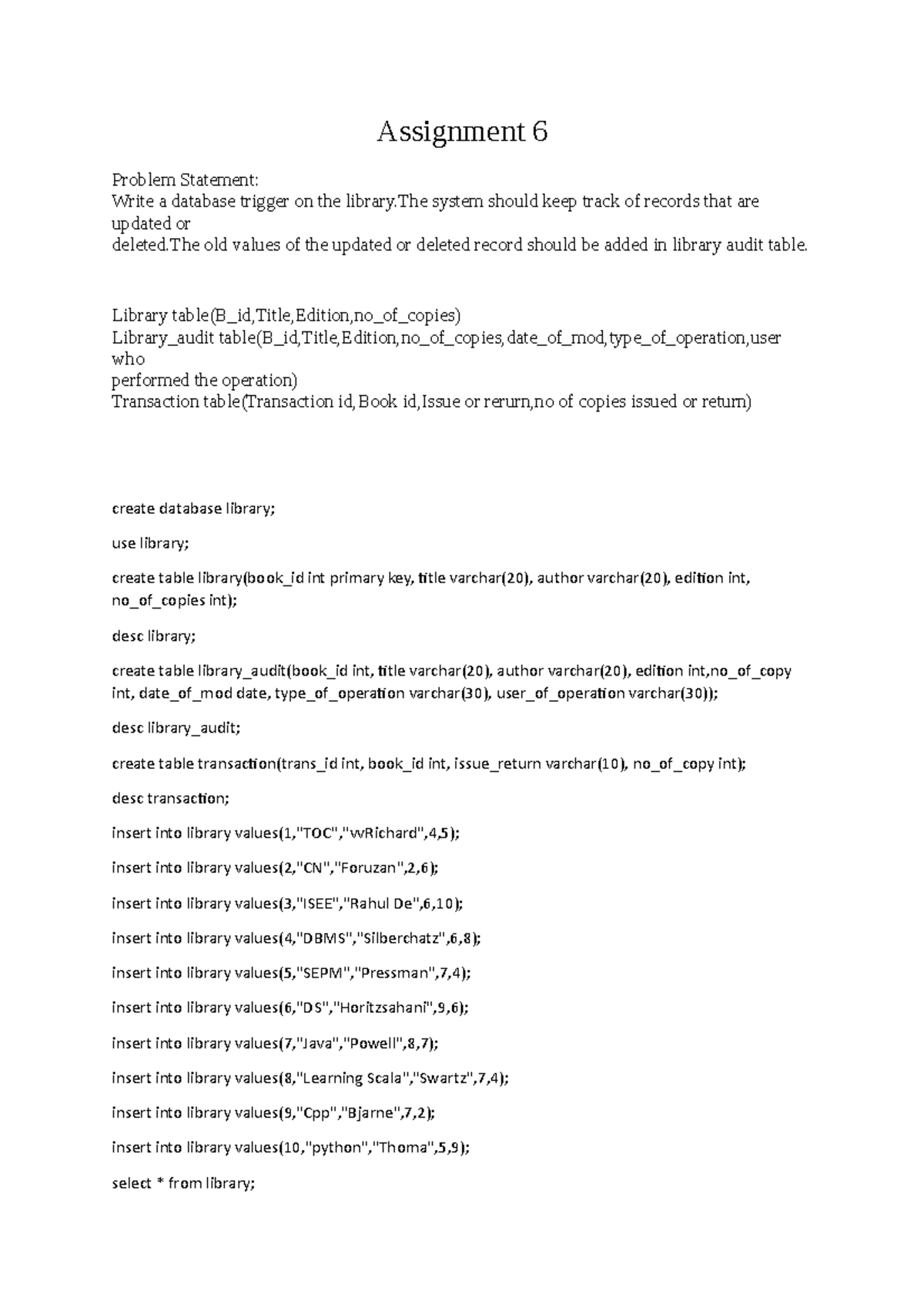 Ass 4 - ass 4 - Assignment 6 Problem Statement: Write a database trigger on the library system ...