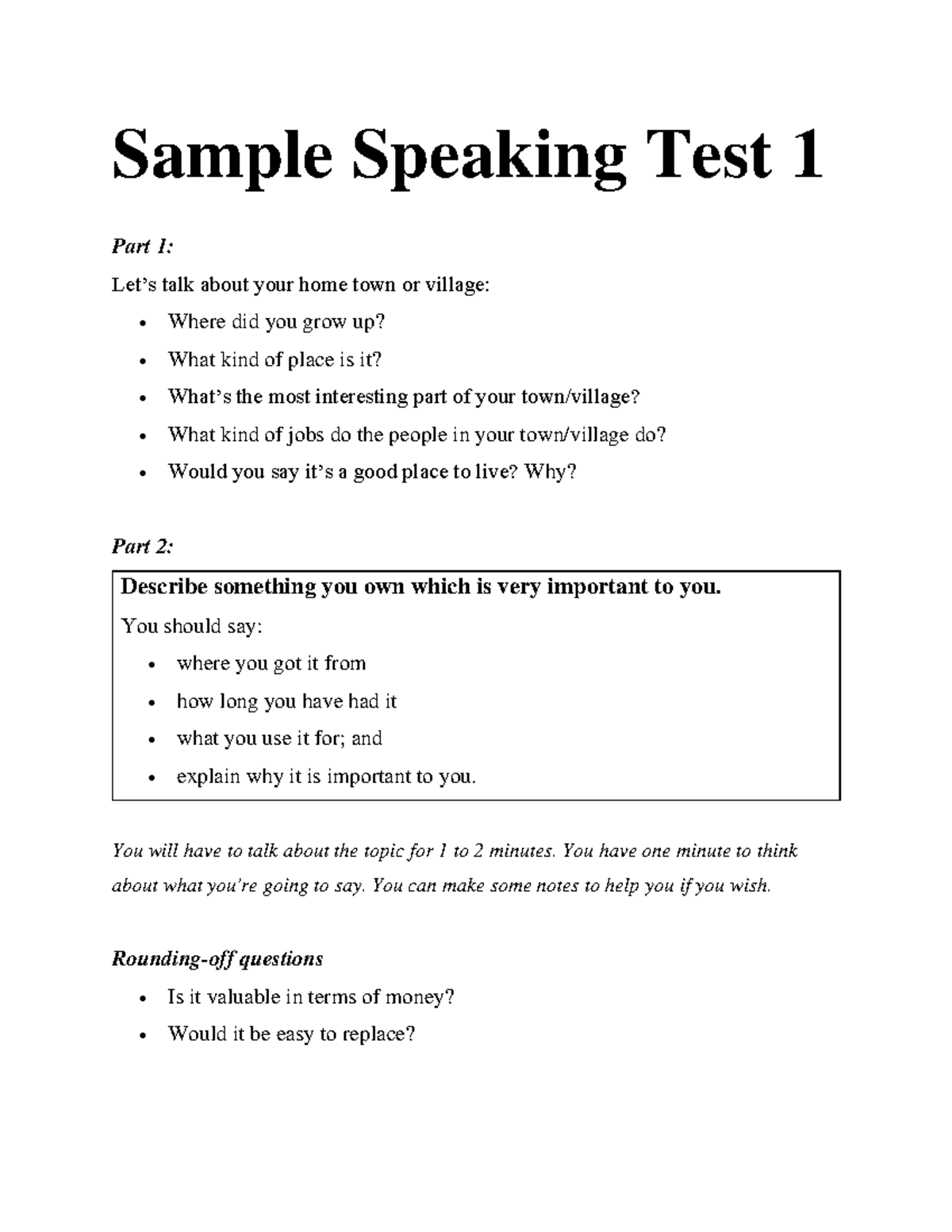 BM THT Speaking Term 1 Sample Tests - Sample Speaking Test 1 Part 1 ...