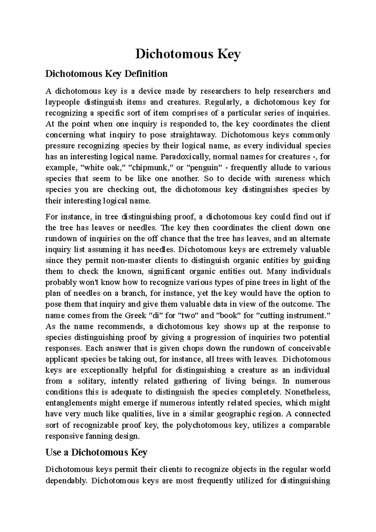 Dichotomous Key - Dichotomous Key Dichotomous Key Definition A ...