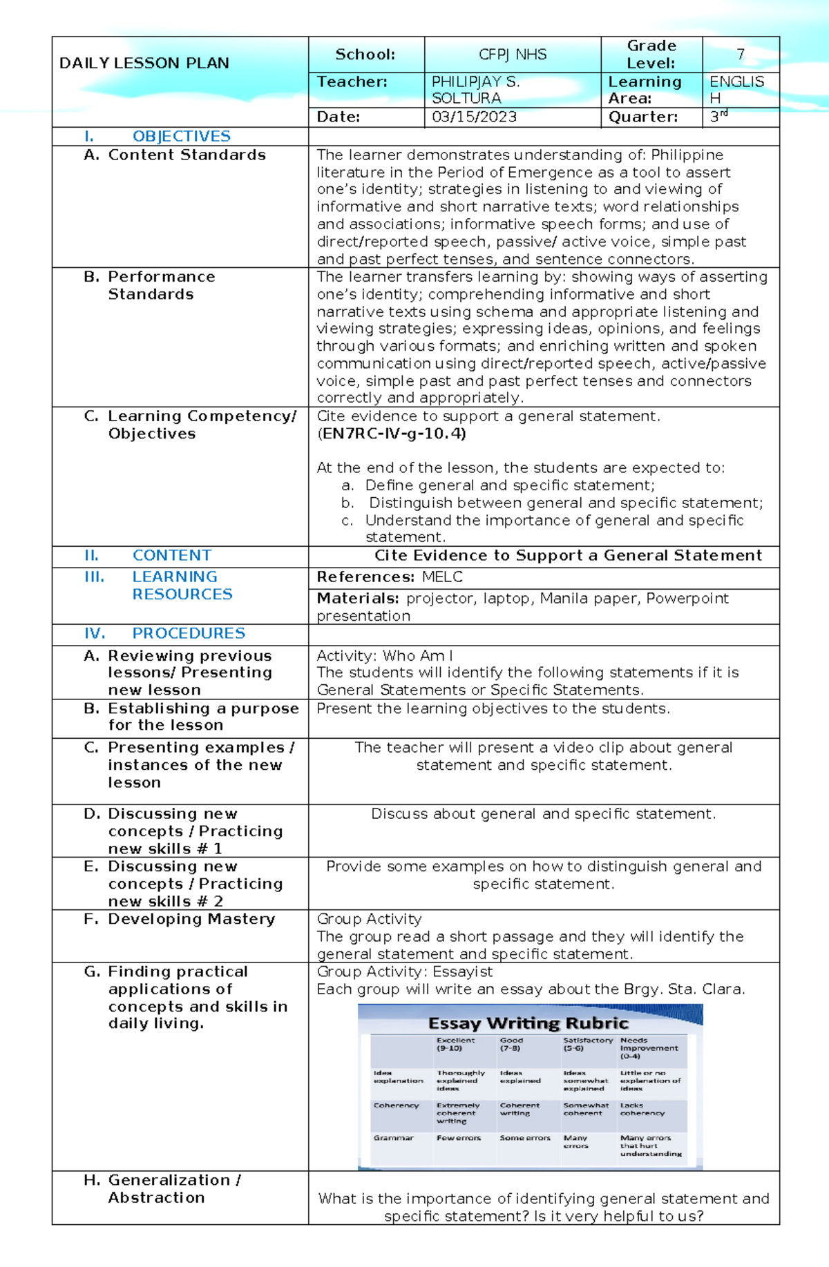 DLP 03-15-2023 - lesson plan - DAILY LESSON PLAN School: CFPJ NHS Grade ...