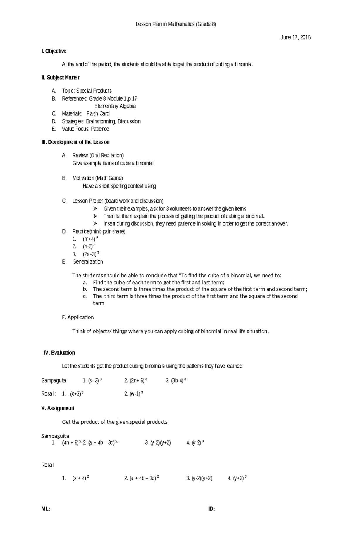 Pdfcoffee - Lesson Plan in Mathematics (Grade 8) June 1 7 , 201 5 I ...