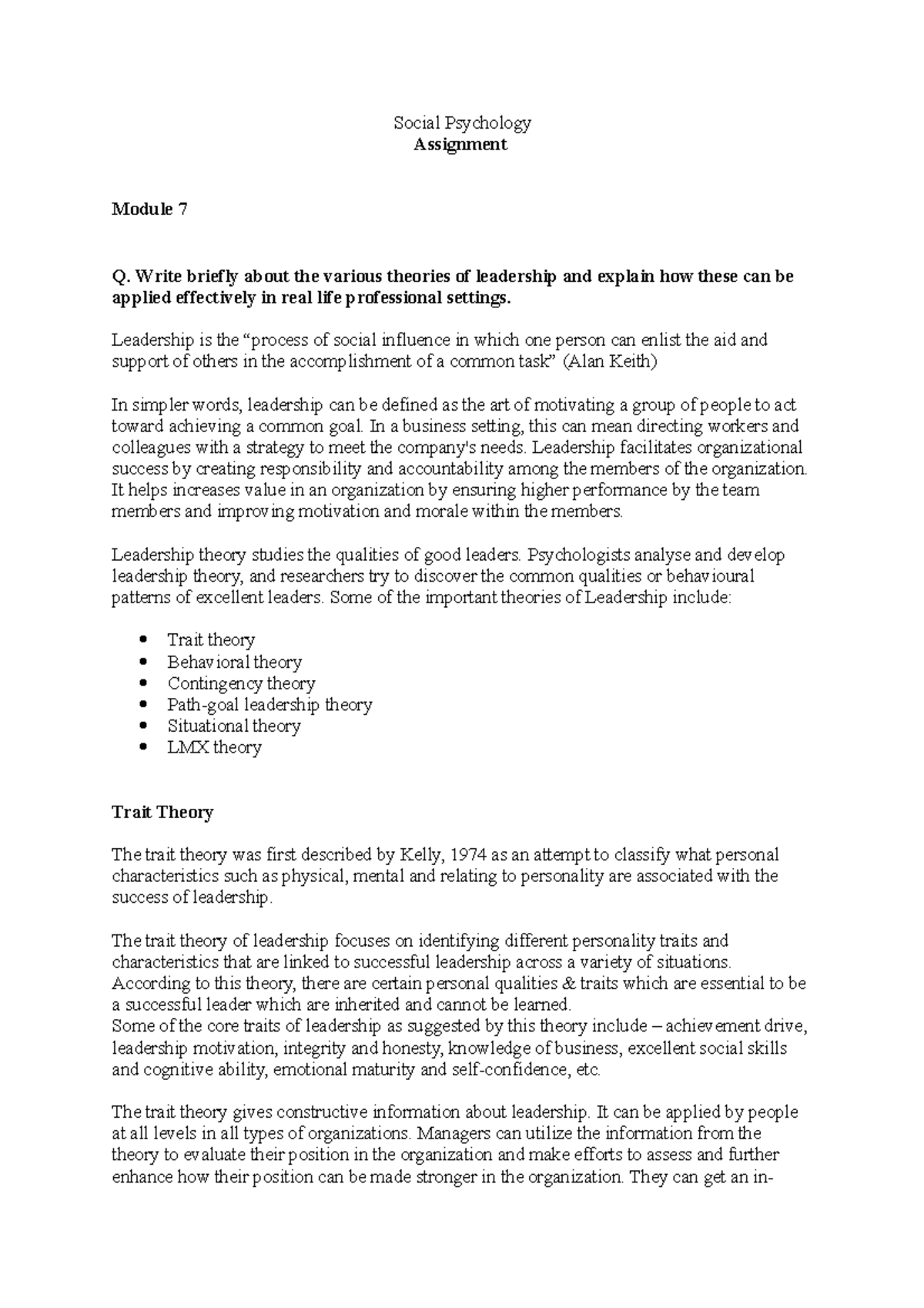 PSYC151 Mod7 - Social Psychology Assignment Module 7 Q. Write briefly ...