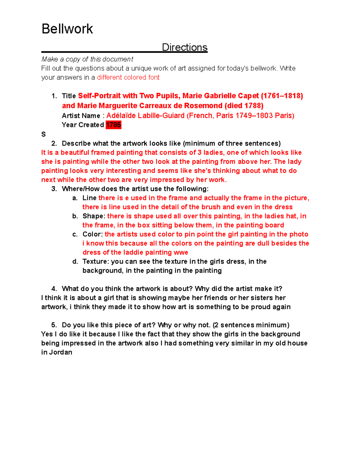 Copy of Describe a Masterpiece Template - Bellwork Directions Make a ...
