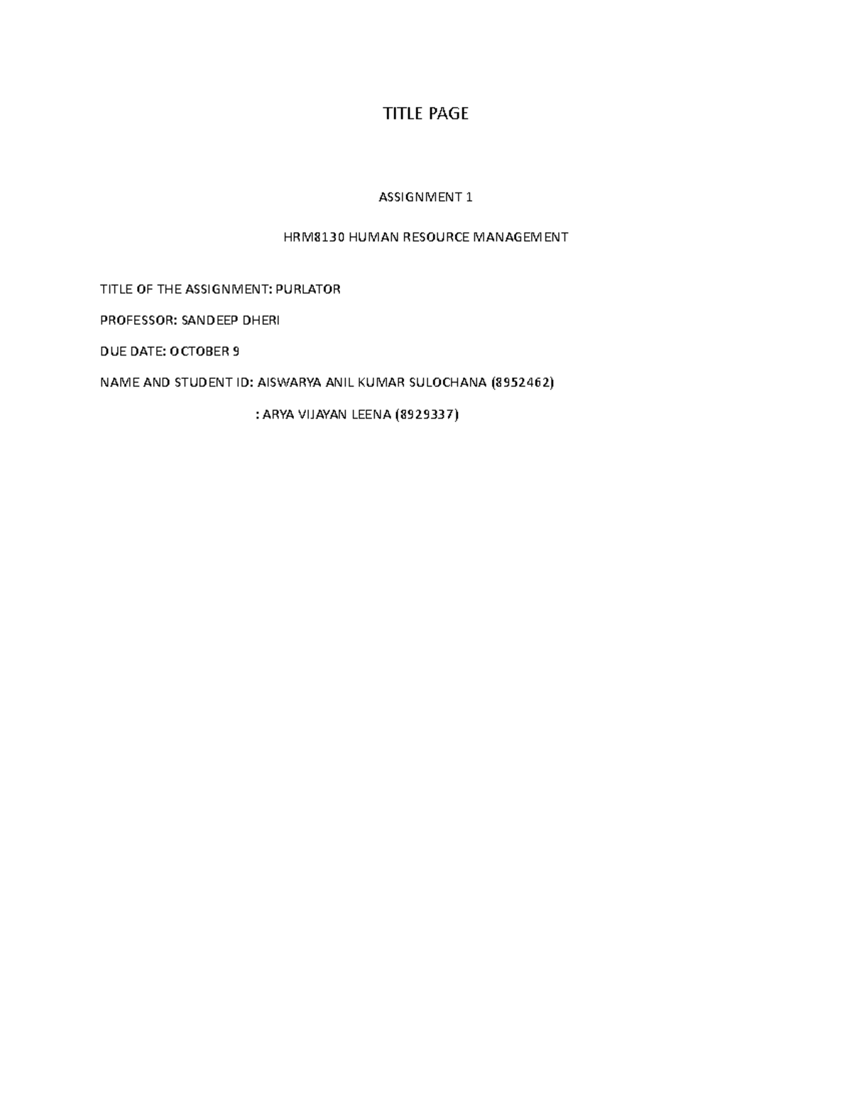 HRM Draft - this is hrm assignment - TITLE PAGE ASSIGNMENT 1 HRM8130 HUMAN RESOURCE MANAGEMENT ...