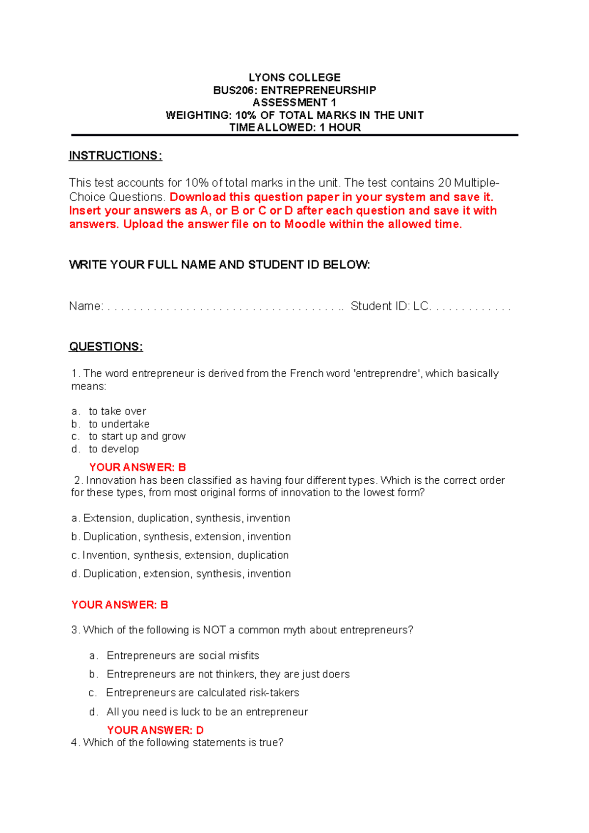 BUS206 - Assessment 1 - Class TEST 89 jhkjl - LYONS COLLEGE BUS206 ...