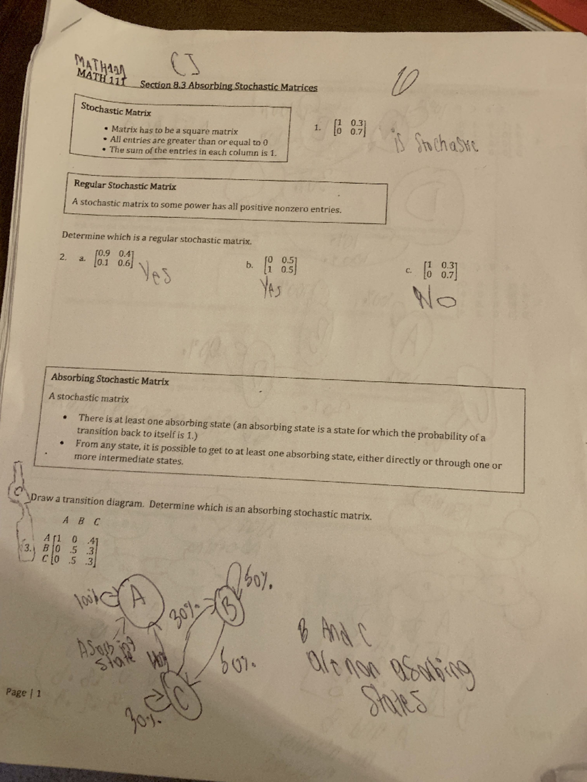 Absorbing Stochastic Matrices - MATH 111 - Studocu