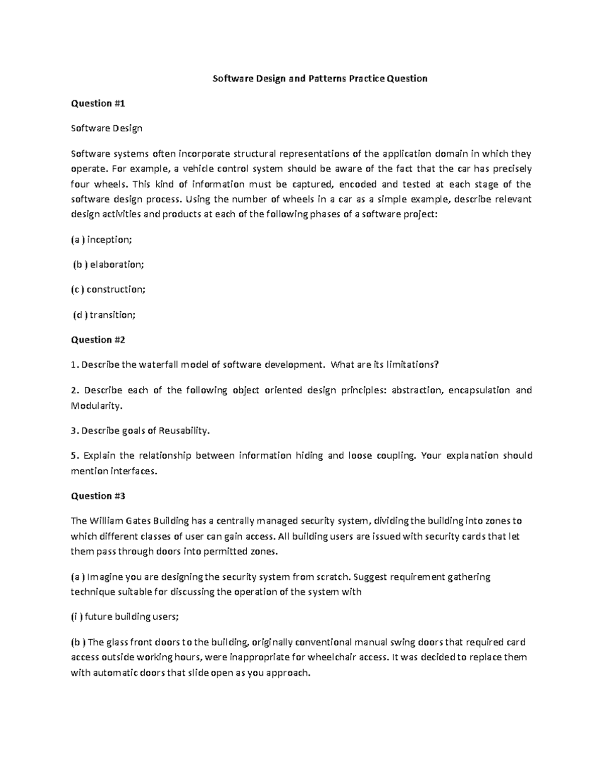 Software Design and Patterns Practice Questions - For example, a ...