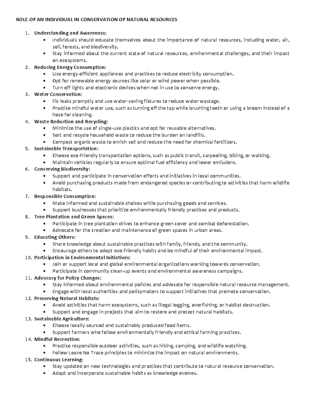 ROLE OF AN INDIVIDUAL IN CONSERVATION OF NATURAL RESOURCES ...