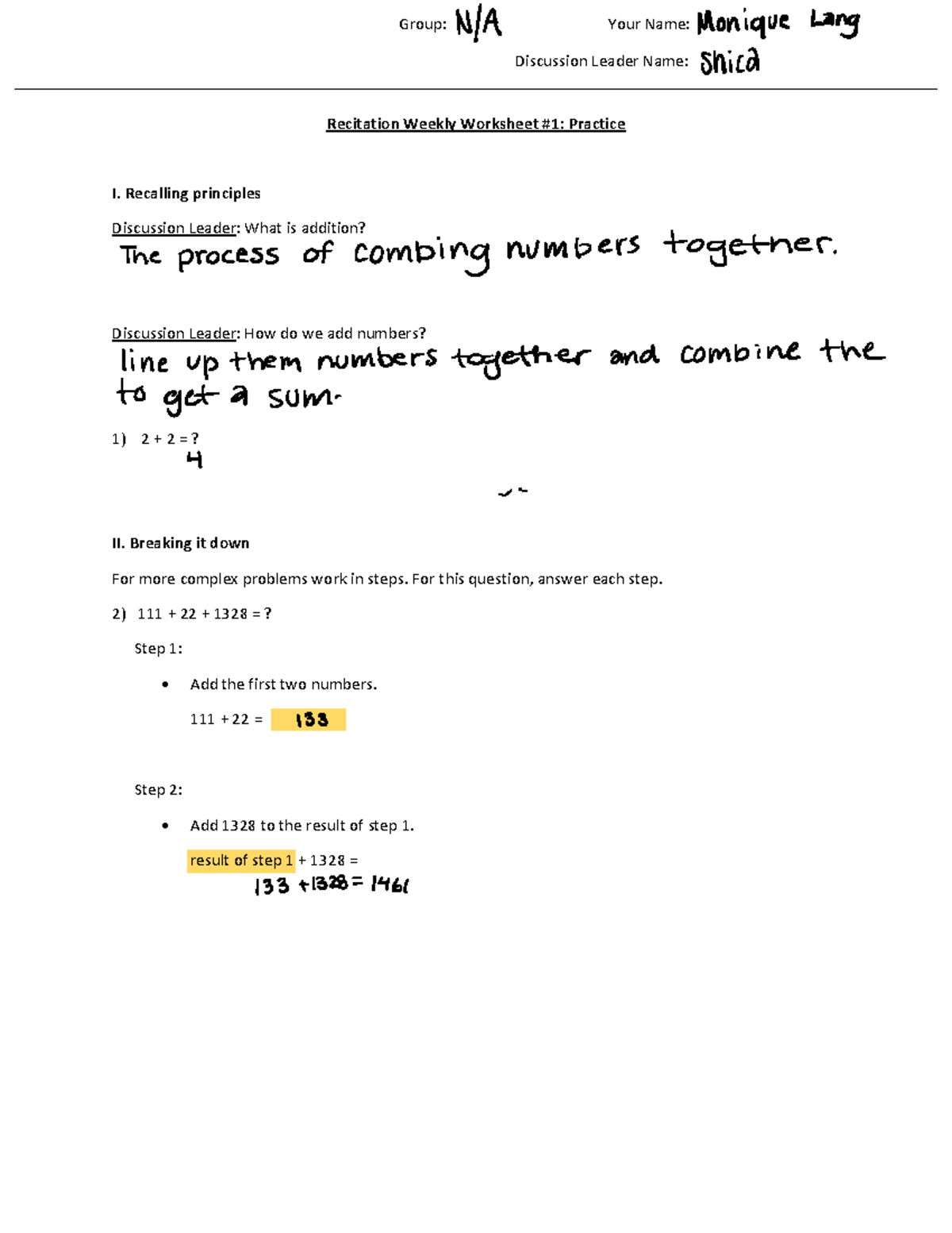 Recitation Worksheet 1 Spring - Group: Your Name: Discussion Leader ...