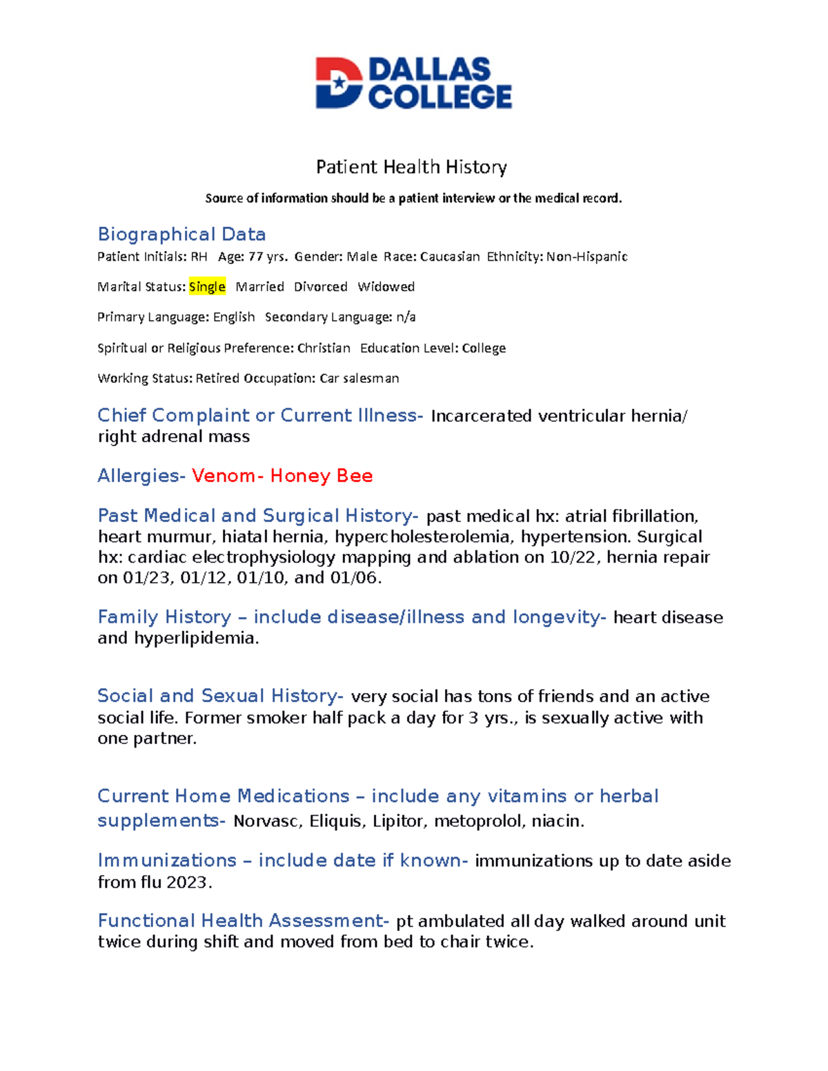 Clinical Day paperwork - Patient Health History ####### Source of ...