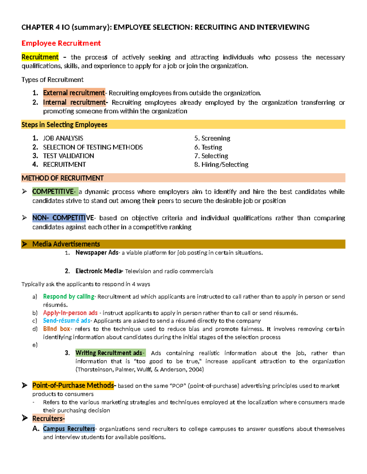 Chapter 4 IO - CHAPTER 4 IO (summary): EMPLOYEE SELECTION: RECRUITING ...
