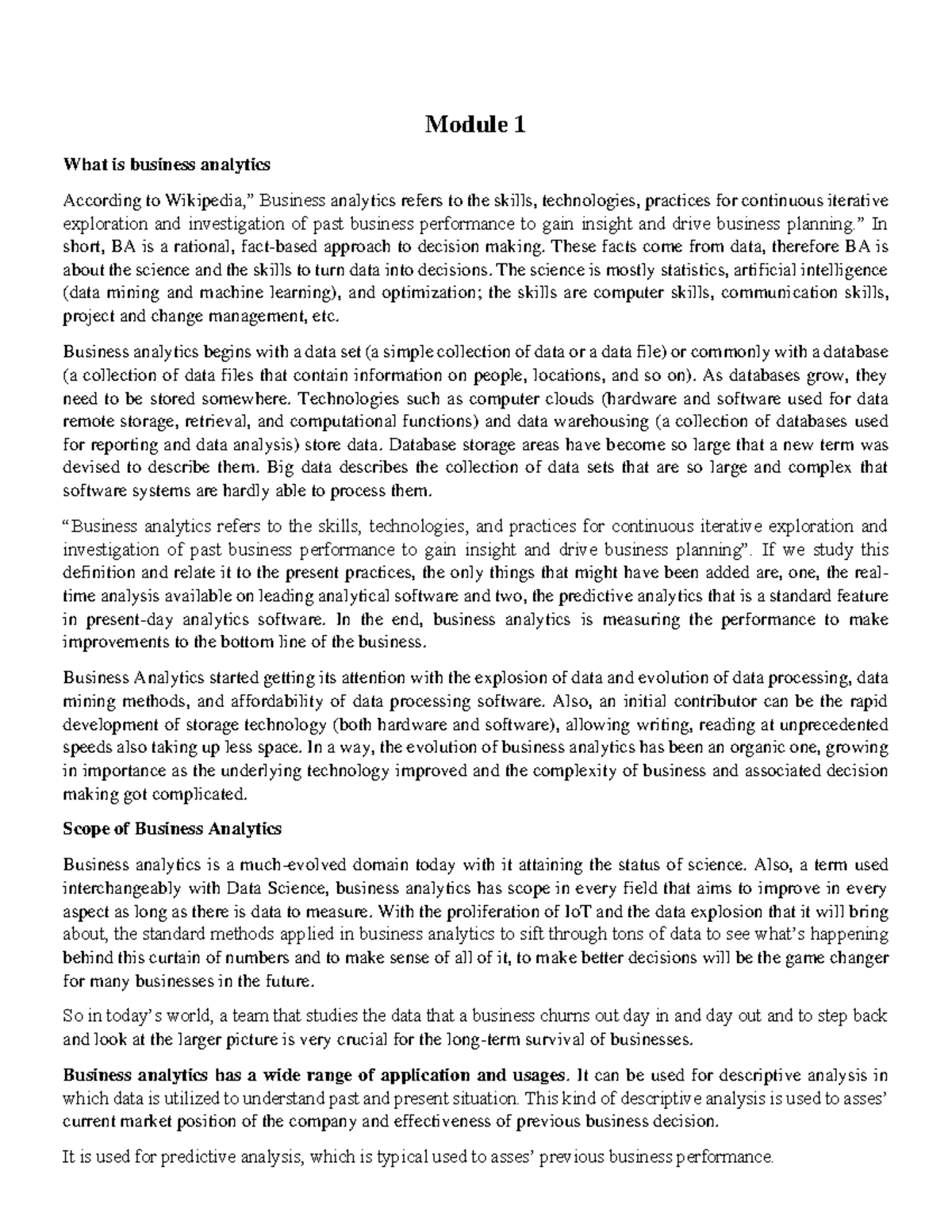 Notes-Business Analytics Using Excel - Module 1 What is business ...