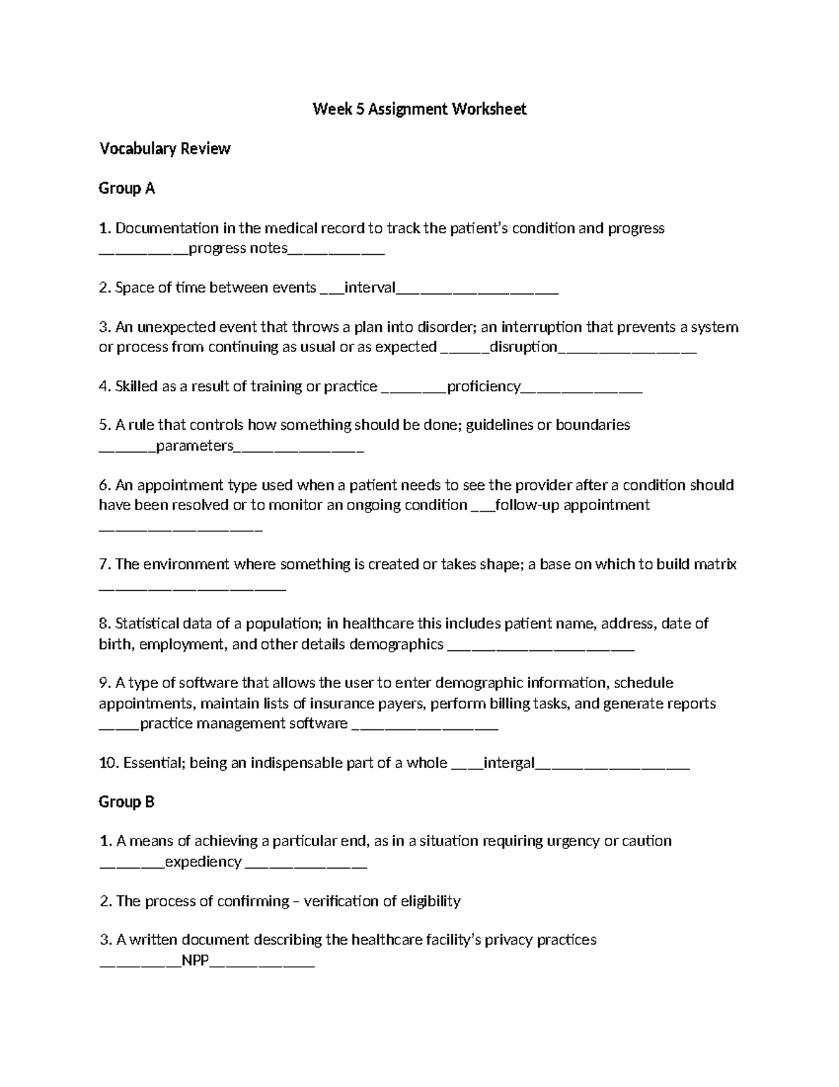 Week 5 Assignment Worksheet - Week 5 Assignment Worksheet Vocabulary Review Group A ...