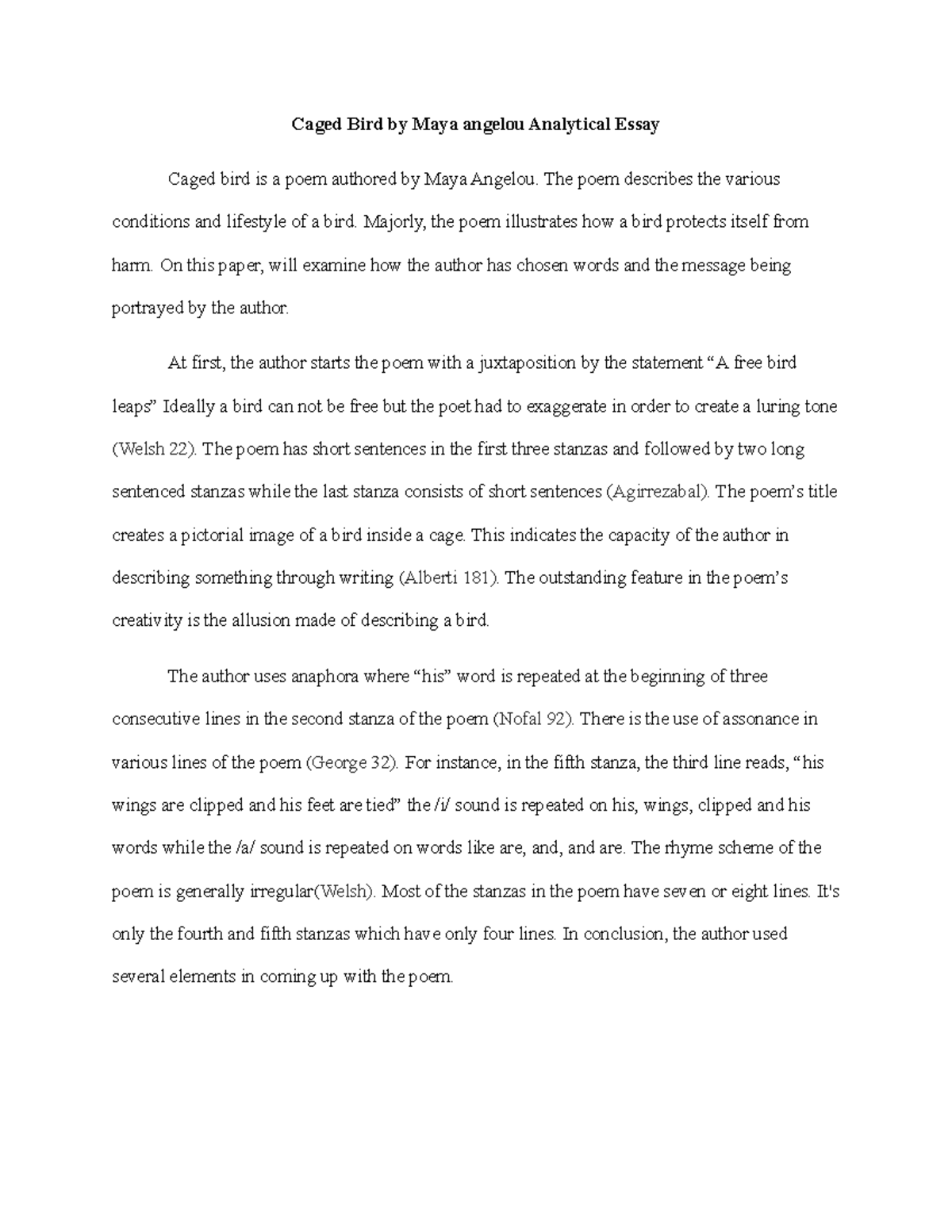 Caged Bird by Maya angelou Analytical Essay - The poem describes the ...