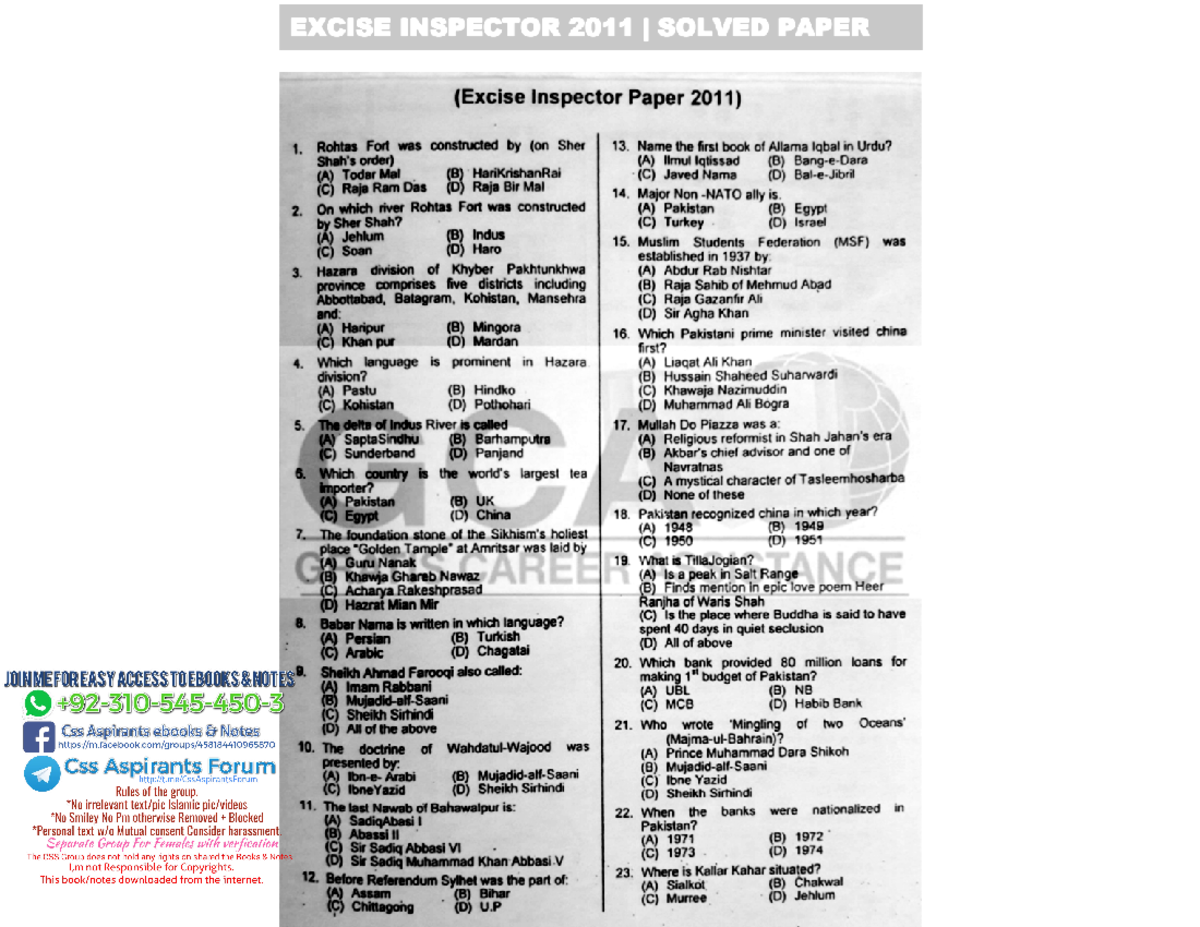 Excise & Taxation Inspector Solved Paper (2011 )-Merged - EXCISE ...
